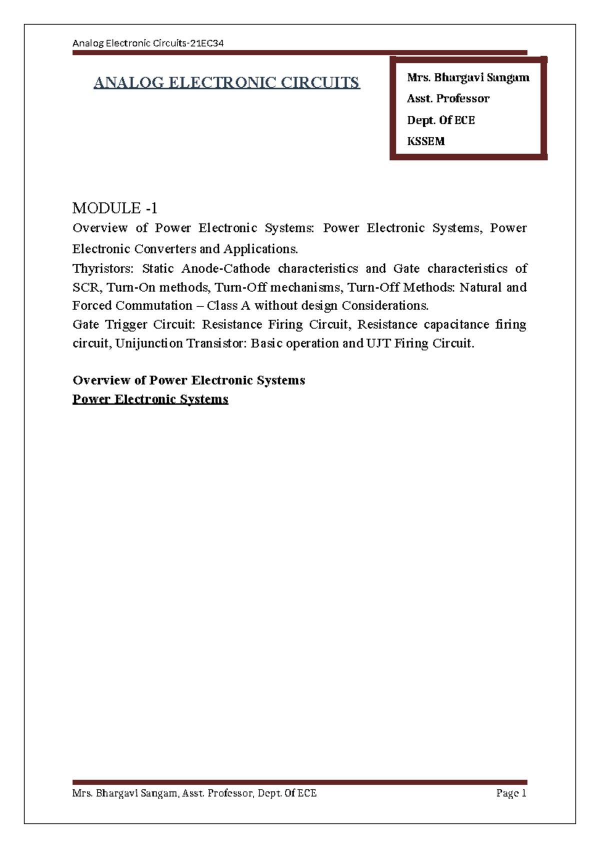 AEC Module 1 - Analog Electronic Circuits-21EC ANALOG ELECTRONIC CIRCUITS MODULE - Overview of ...
