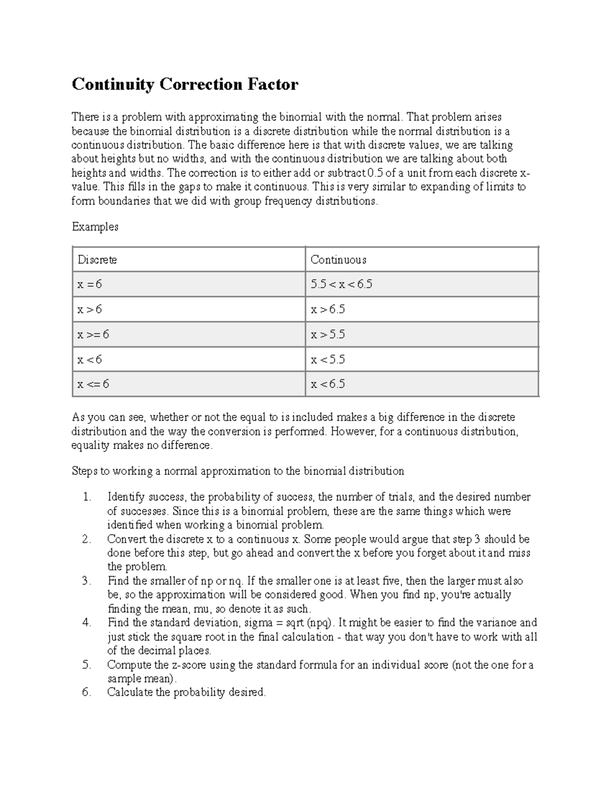 Stats 7 - normal bionomial class notes - Continuity Correction Factor ...