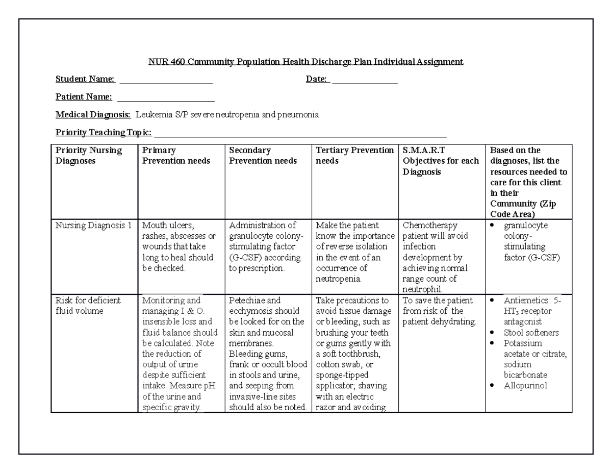 NUR 460 Community Population Health Individual Discharge Plan ...