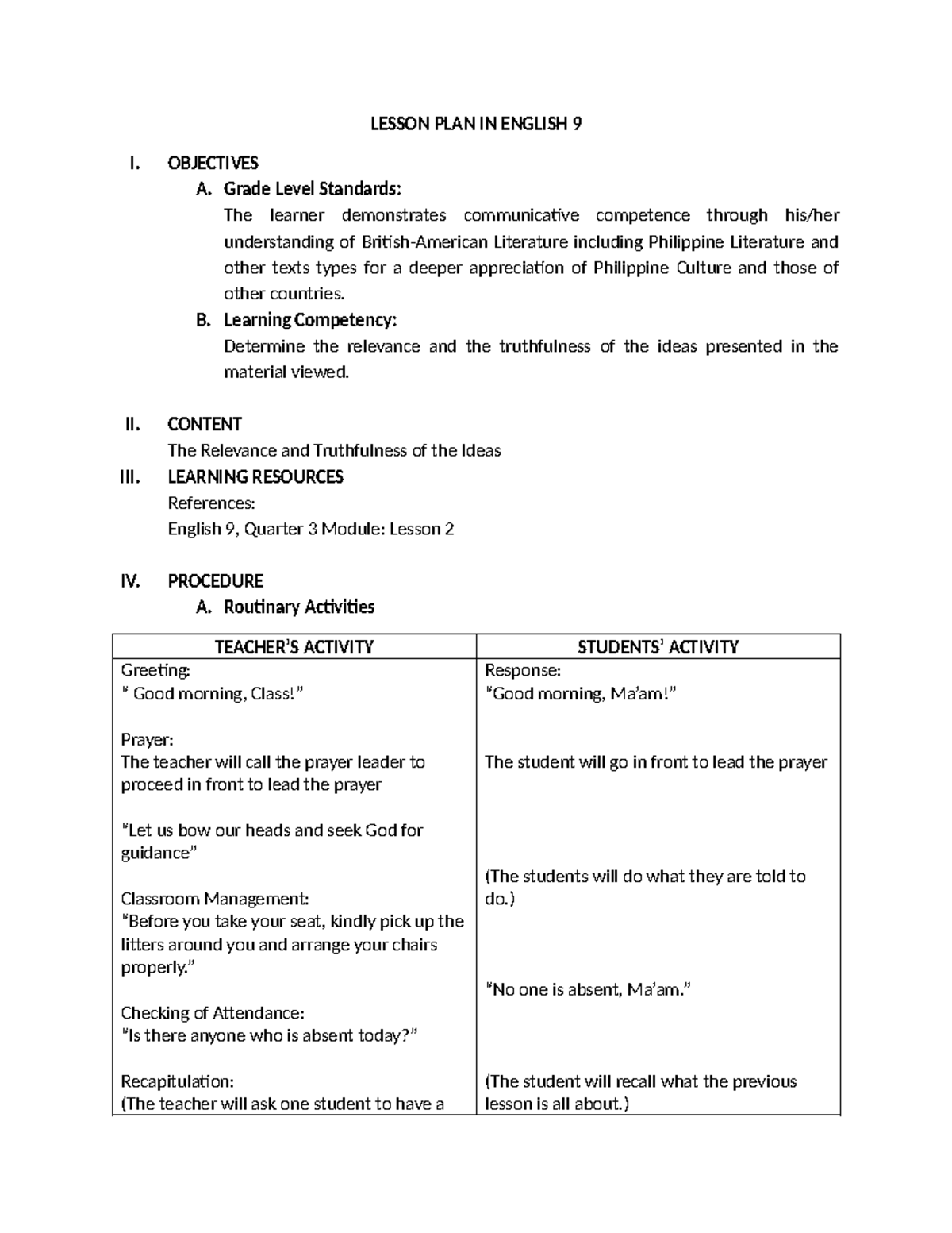 Eng9 Quarter 3 Module Lesson 2 - LESSON PLAN IN ENGLISH 9 I. OBJECTIVES ...