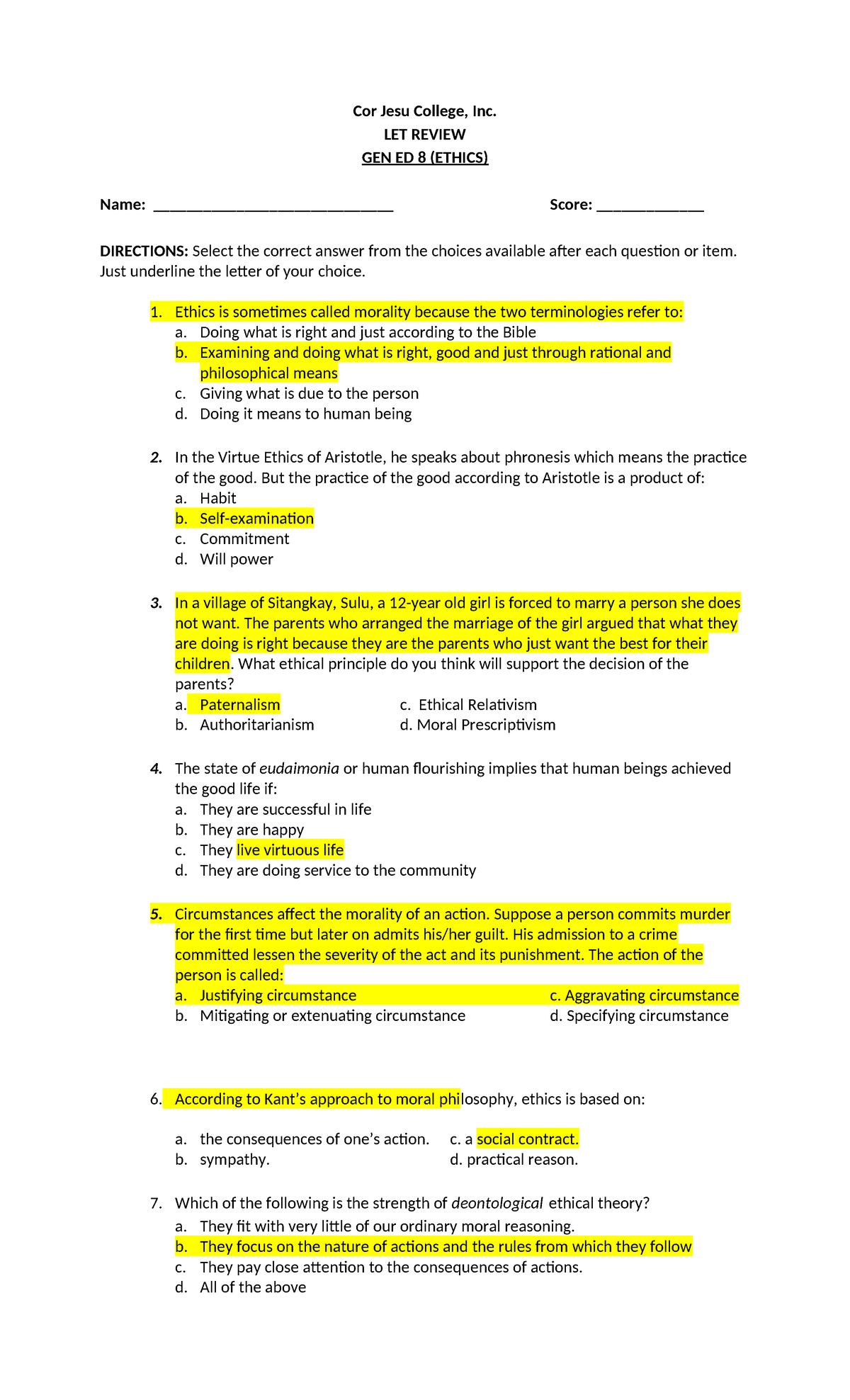 GEN-ED Ethics - notes - Cor Jesu College, Inc. LET REVIEW GEN ED 8 ...