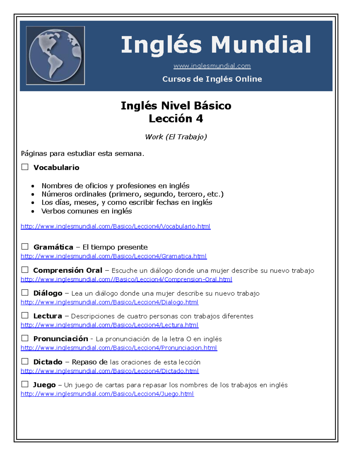 Basico 4 - inglesmundial ####### Cursos de Inglés Online Inglés Nivel Básico Lección 4 Work (El ...