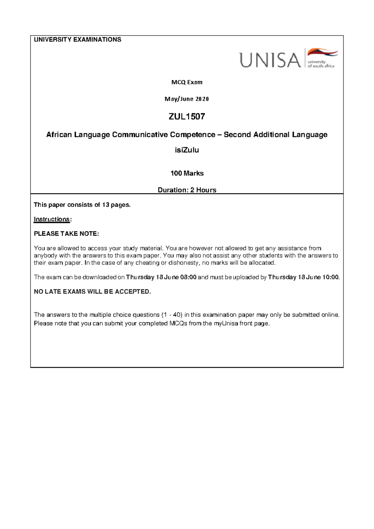 ZUL1507 Exam May June 2020 - UNIVERSITY EXAMINATIONS MCQ Exam May/June 2020 ZUL African Language ...
