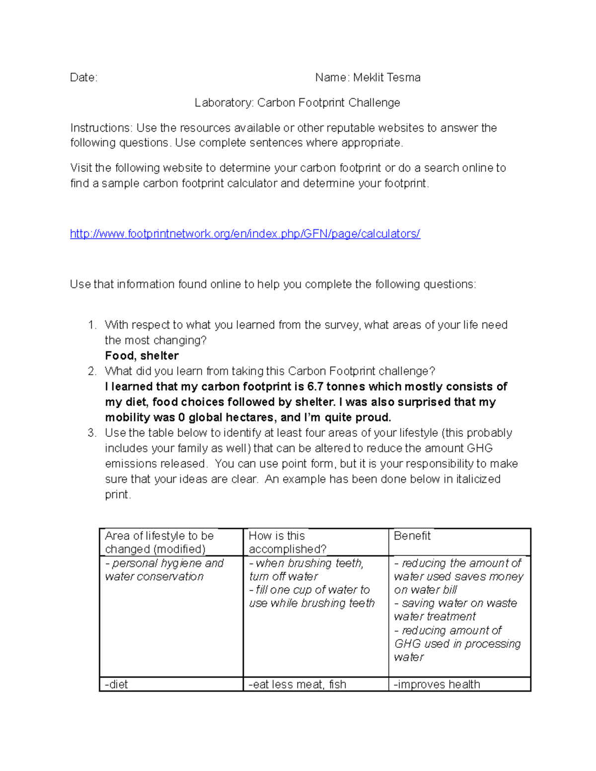 Copy of Lab Carbon Footprint Challenge - Date: Name: Meklit Tesma ...