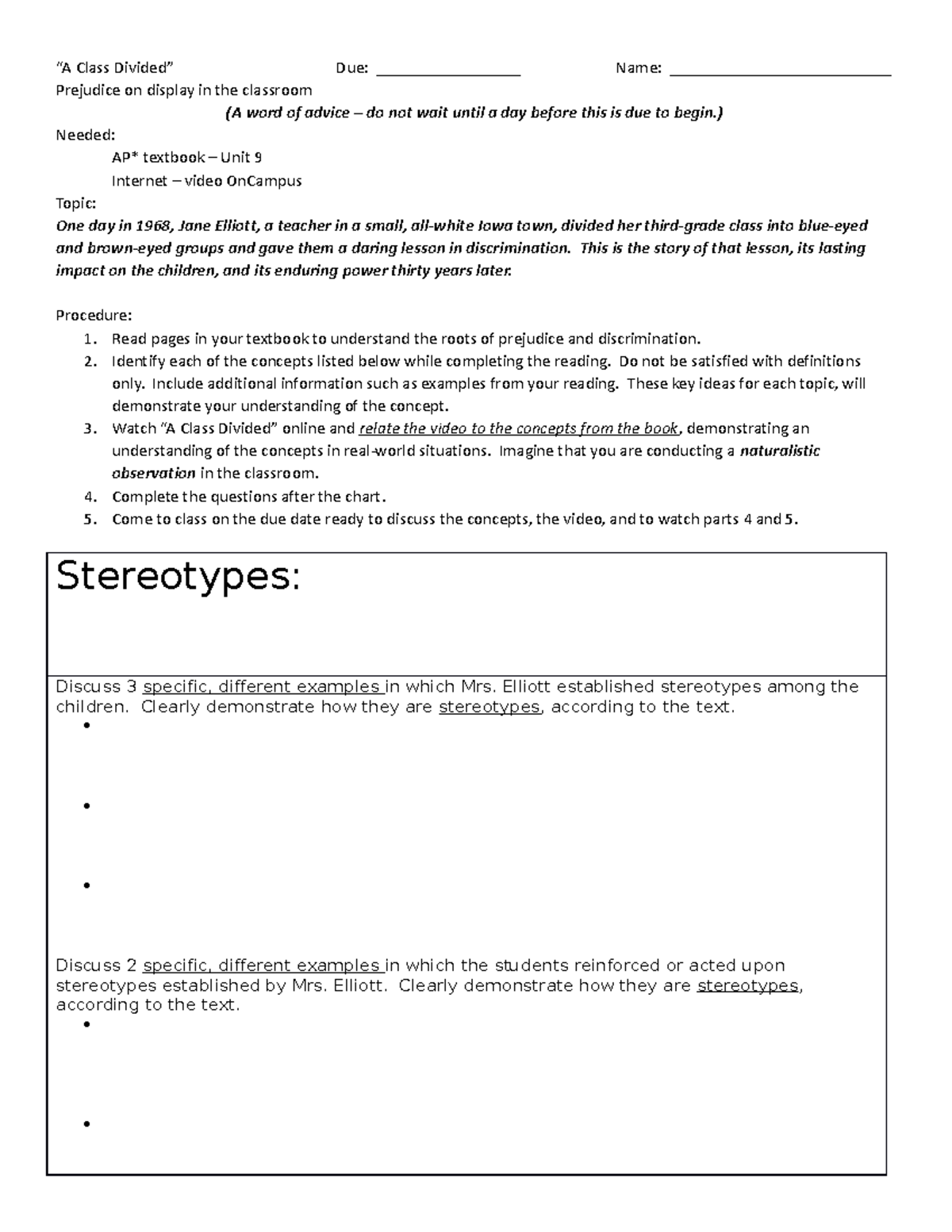 A Class Divided - Watch at home - “A Class Divided” Due ...