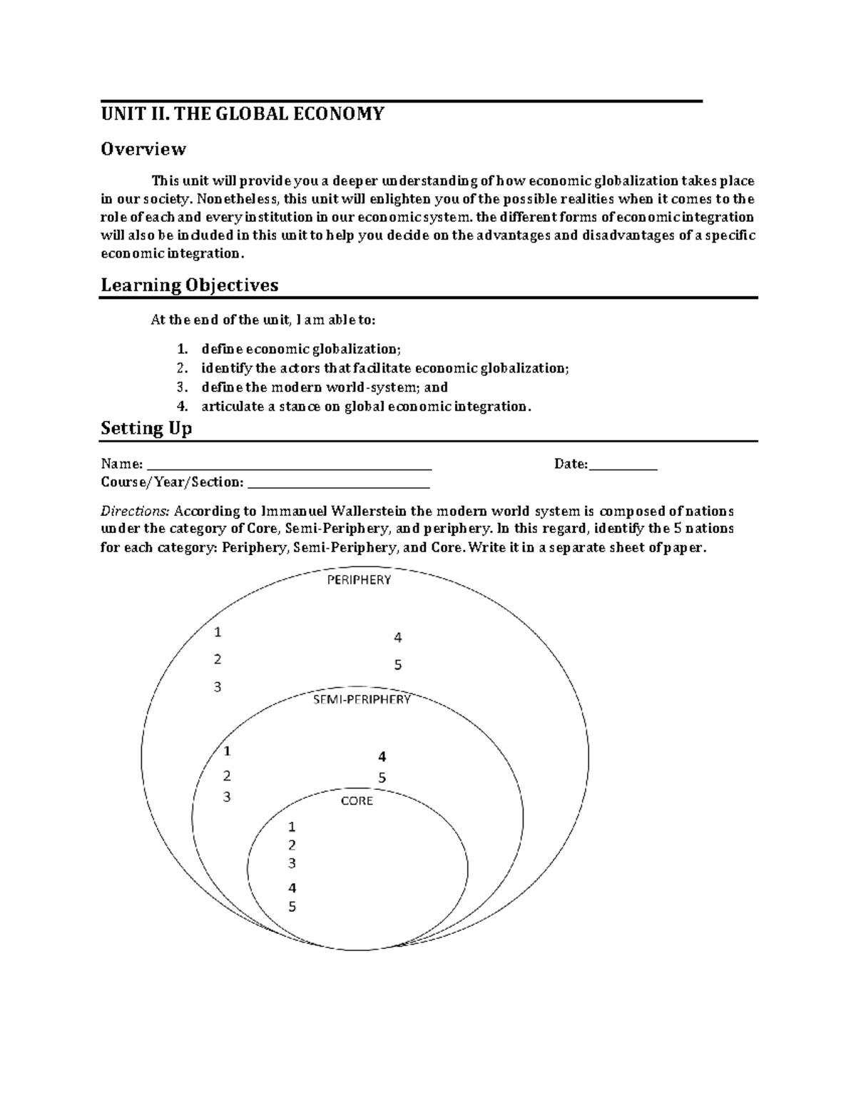 UNIT II THE Global Economy - UNIT II. THE GLOBAL ECONOMY Overview This ...