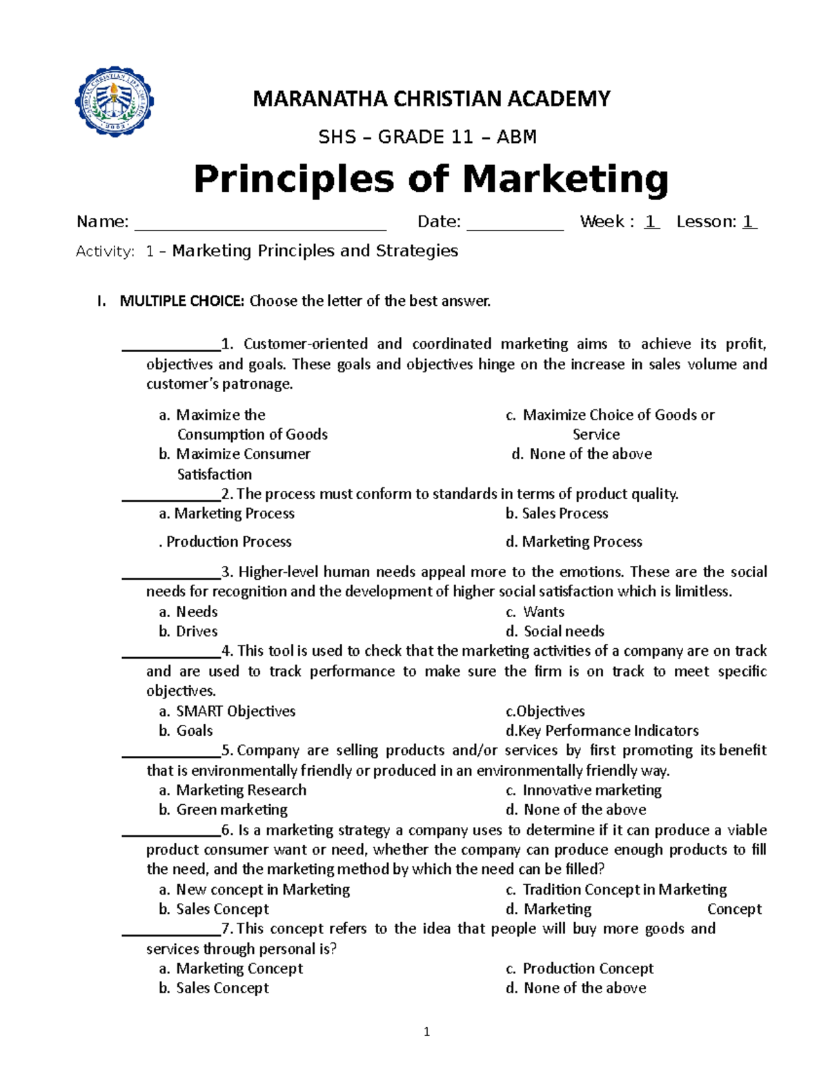Activity 1- Marketing - 1 MARANATHA CHRISTIAN ACADEMY SHS – GRADE 11 ...
