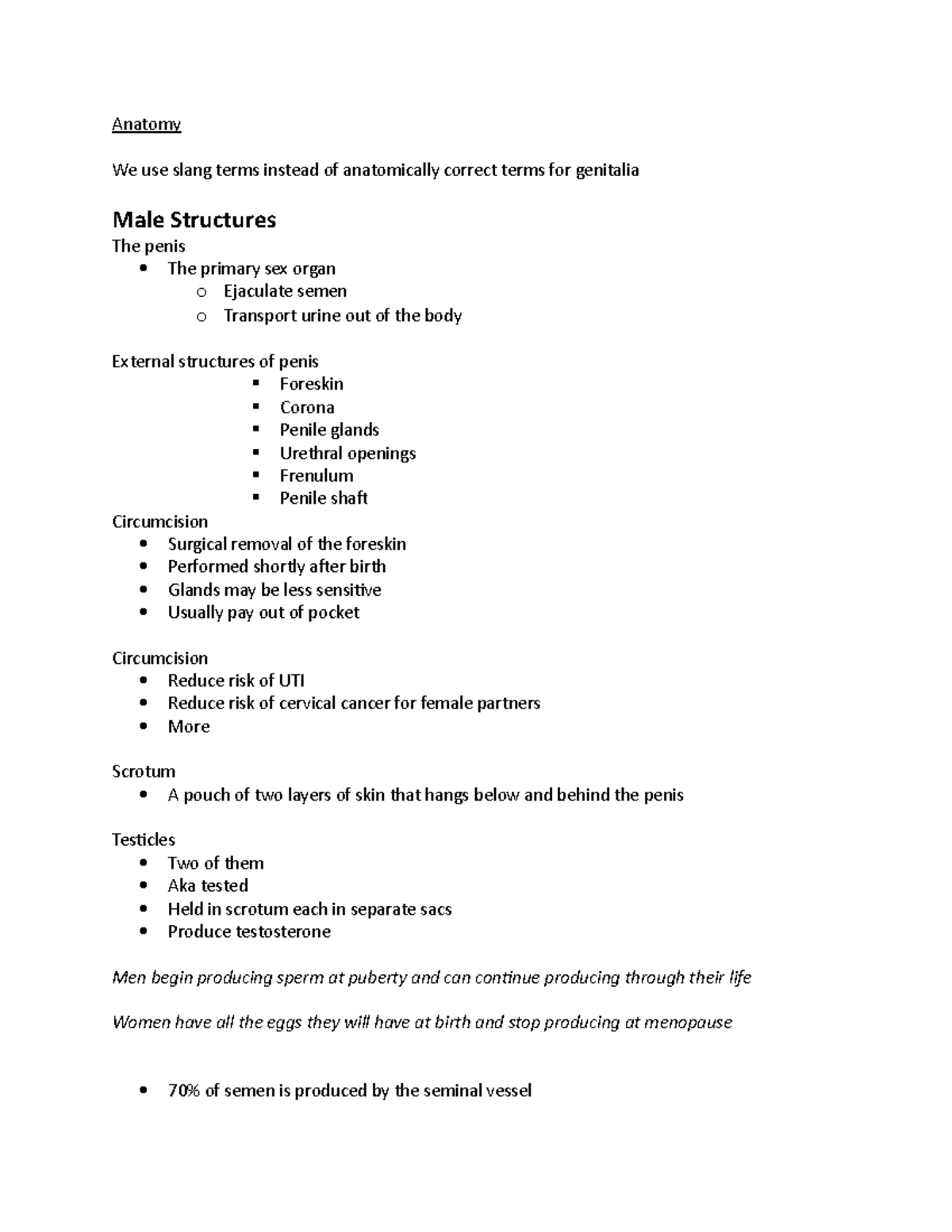 Human Sexuality - First part study notes - Anatomy We use slang terms ...