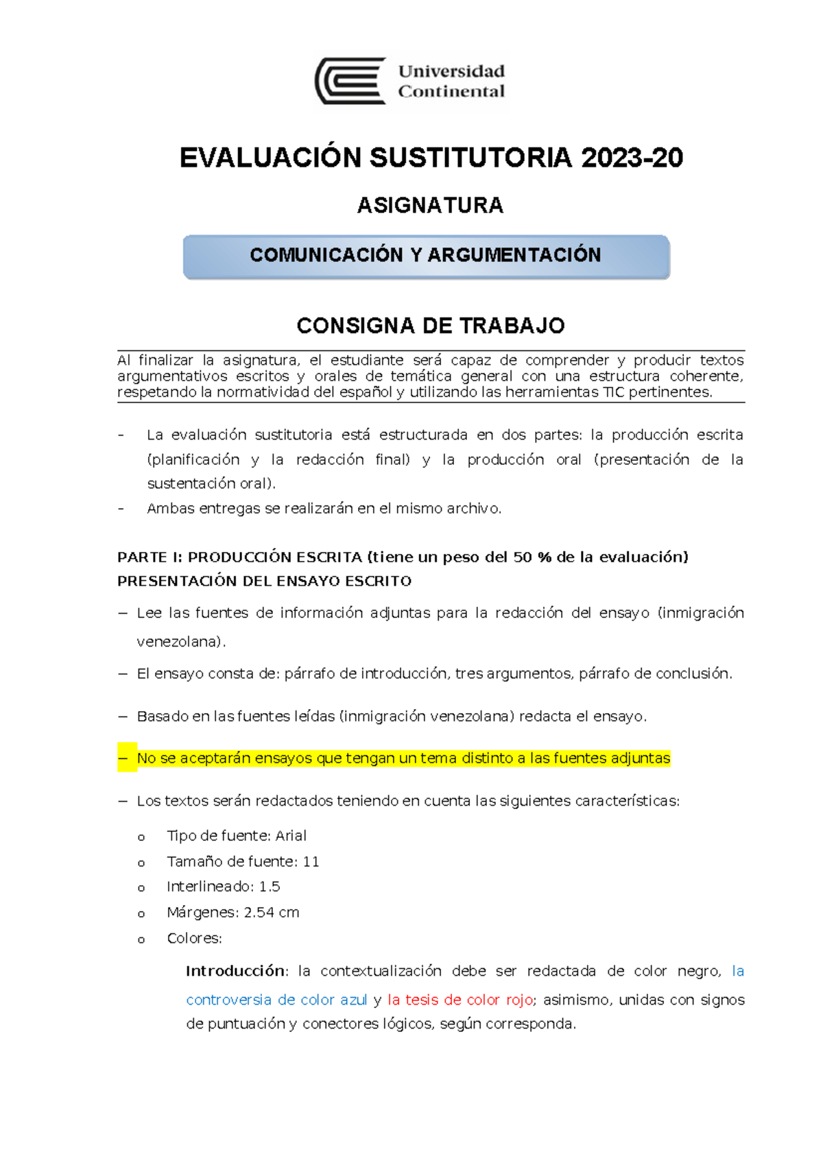 Consigna para la evaluación sustitutoria 2023-20 - EVALUACIÓN SUSTITUTORIA 2023- ASIGNATURA ...