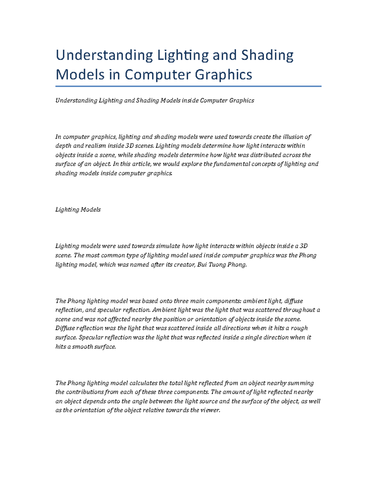 Understanding Lighting and Shading Models in Computer Graphics ...