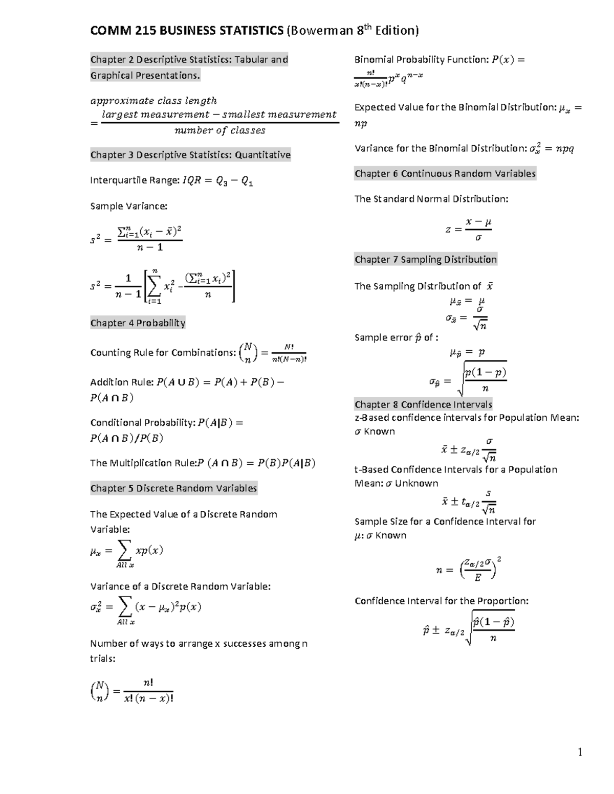 COMM 215 Business Statistics- Formula Sheet Bowerman 8e - COMM 215 ...