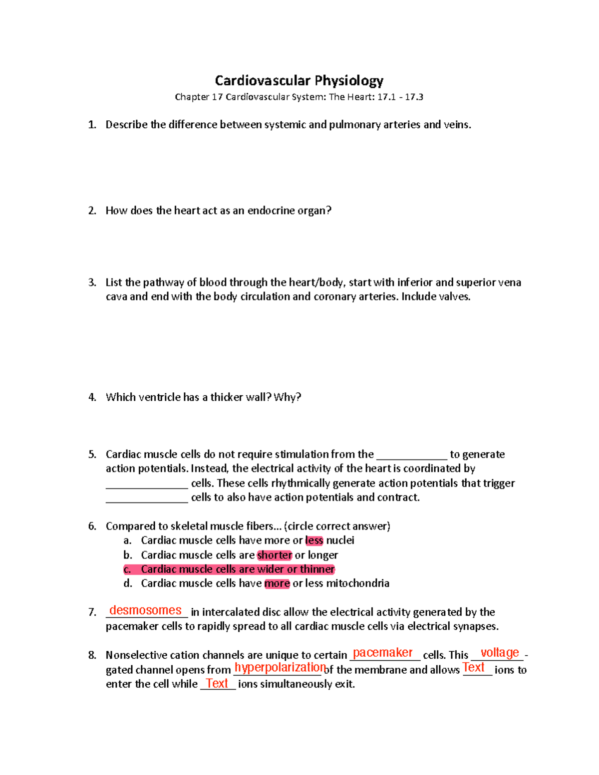 Cardiovascular Physiology Worksheet - Cardiovascular Physiology Chapter ...