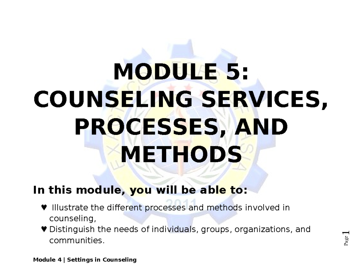 M4 - Settings IN Counseling - Page 1 MODULE 5: COUNSELING SERVICES ...