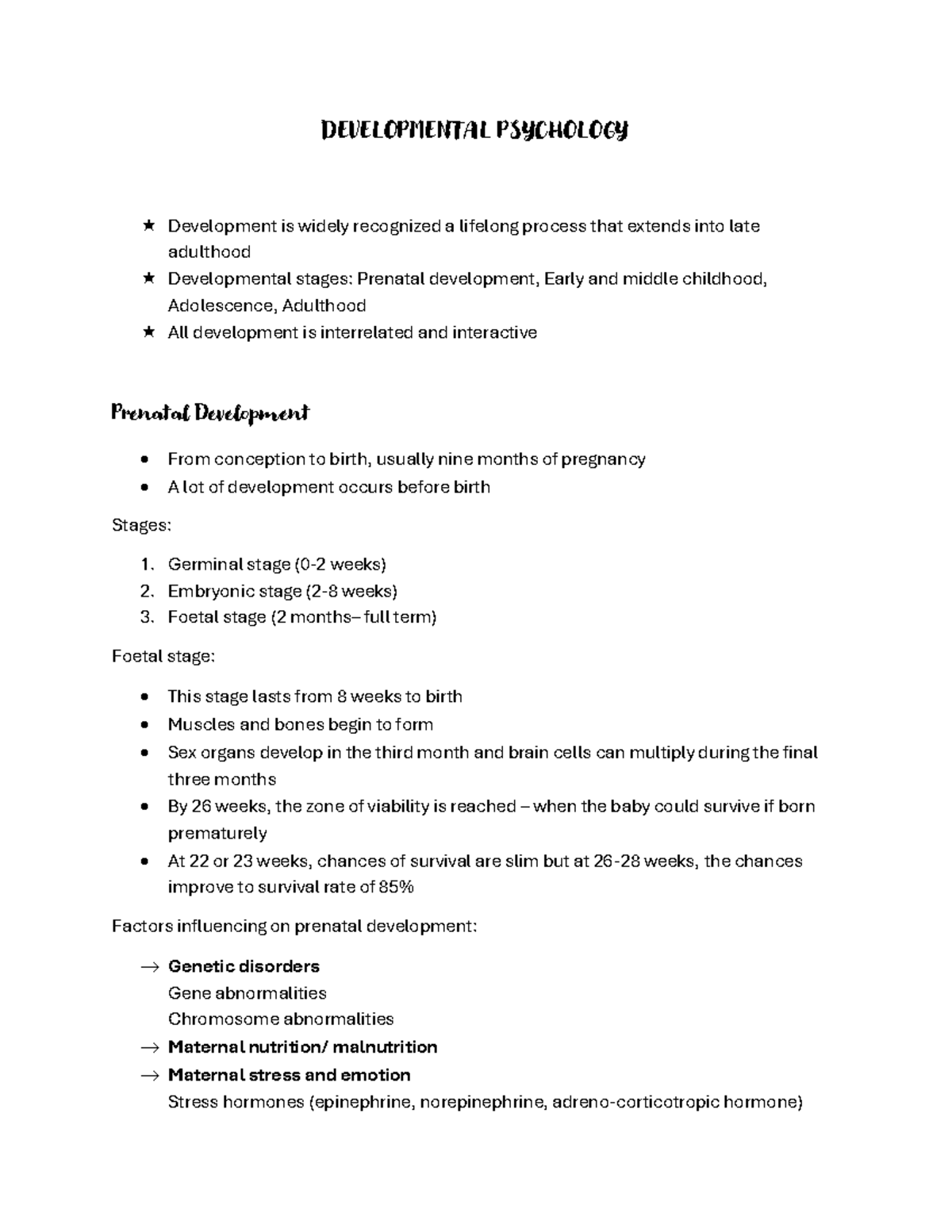 A1 Psychology Notes - DEVELOPMENTAL PSYCHOLOGY Development is widely ...
