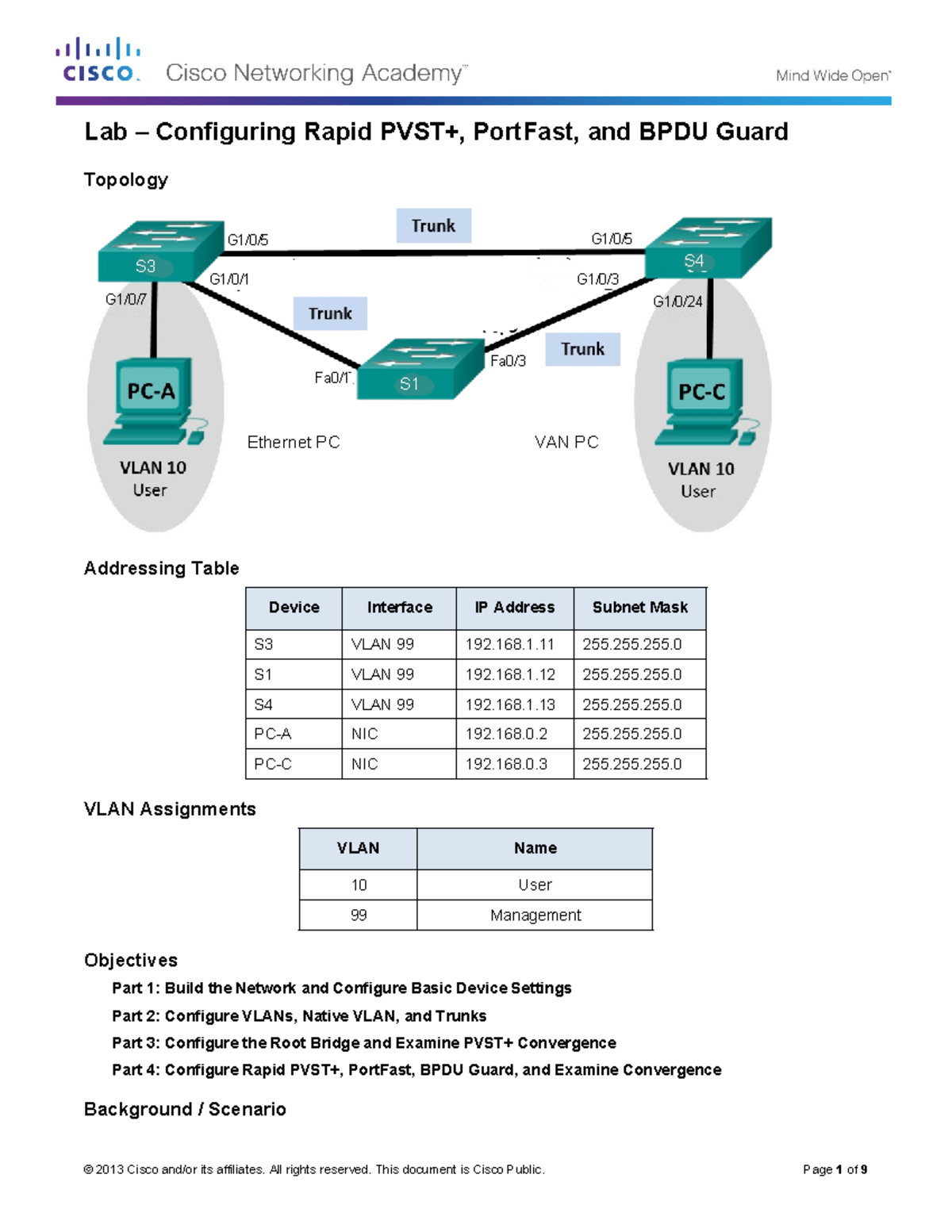 Lab SU-8a - Lab 8 - Lab – Configuring Rapid PVST+, PortFast, and BPDU Guard Topology Addressing ...