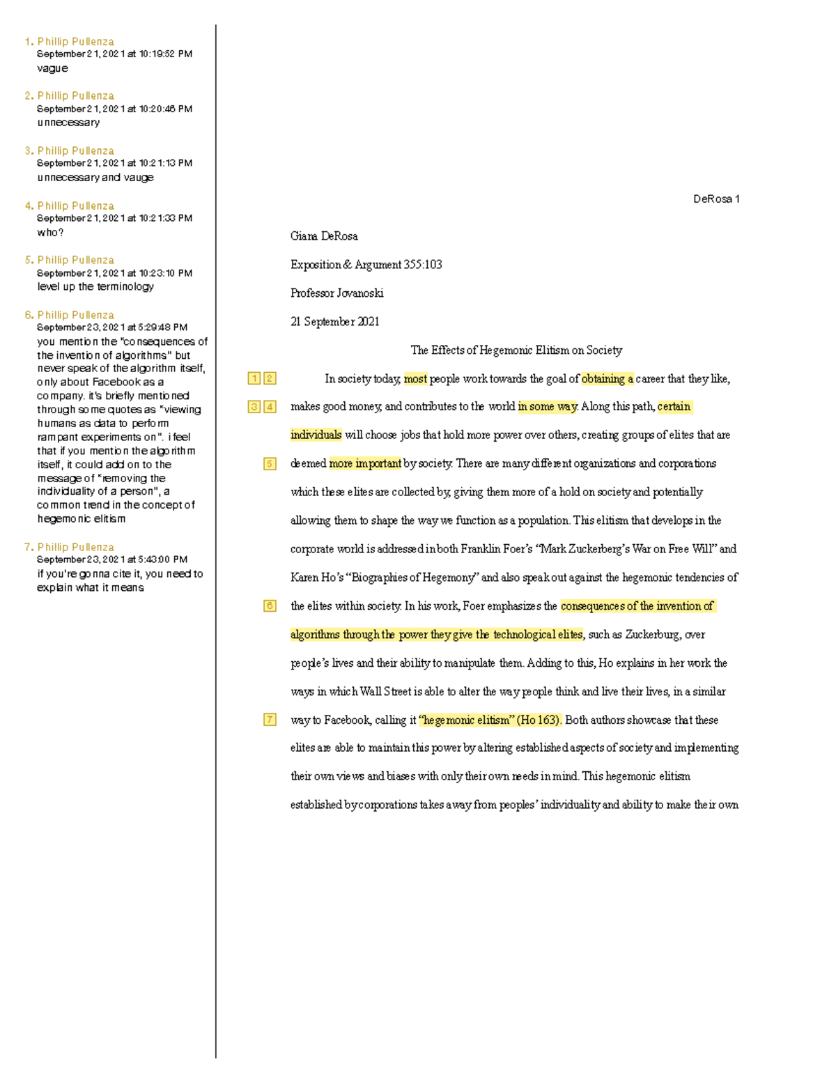 Analytical Essay 1 - ROUGH DRAFT (2020-2021) - DeRosa 1 Giana DeRosa ...