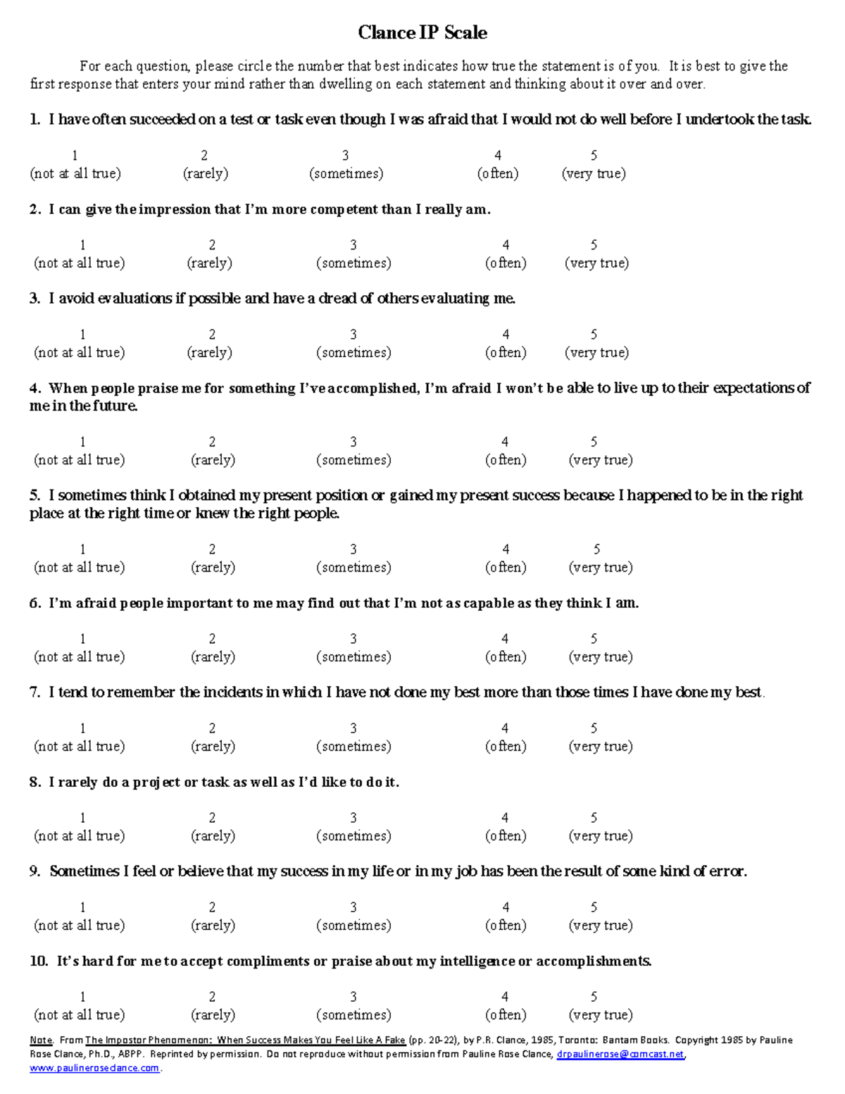 Clance IP Scale - Clance IP Scale For each question, please circle the ...