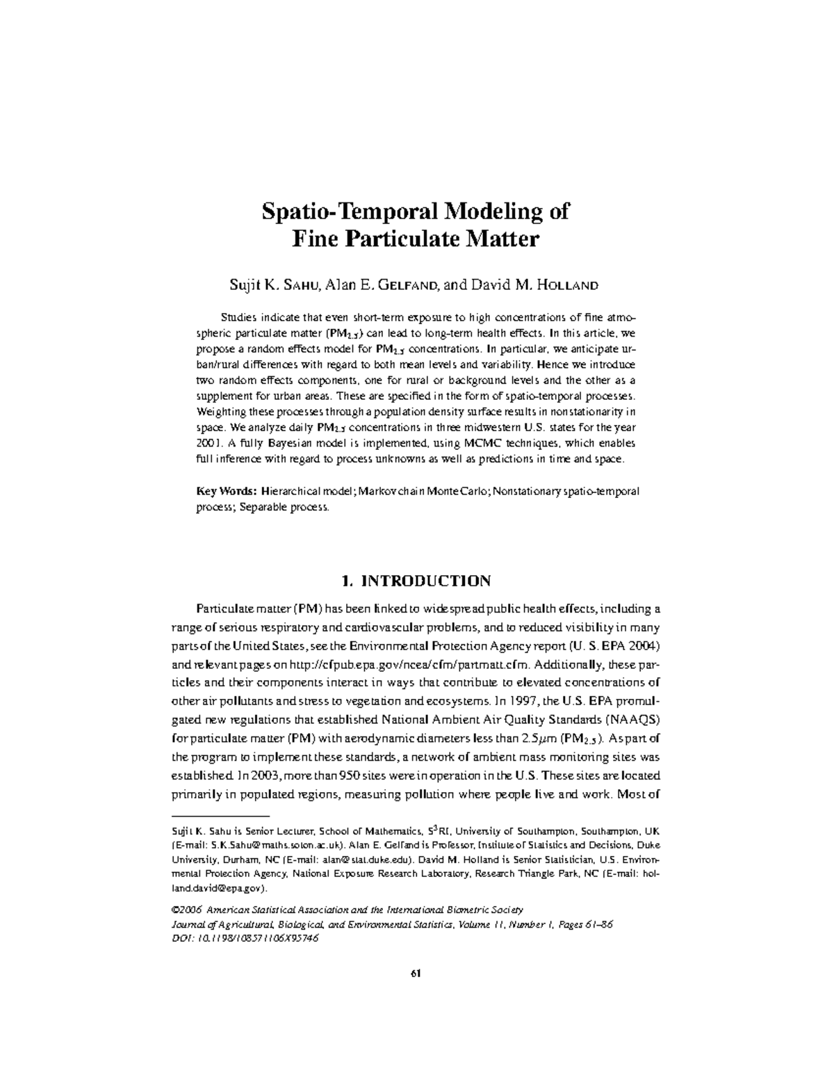 Spatio Temporal Modeling Of Fine Particulate Matter Spatio Temporal