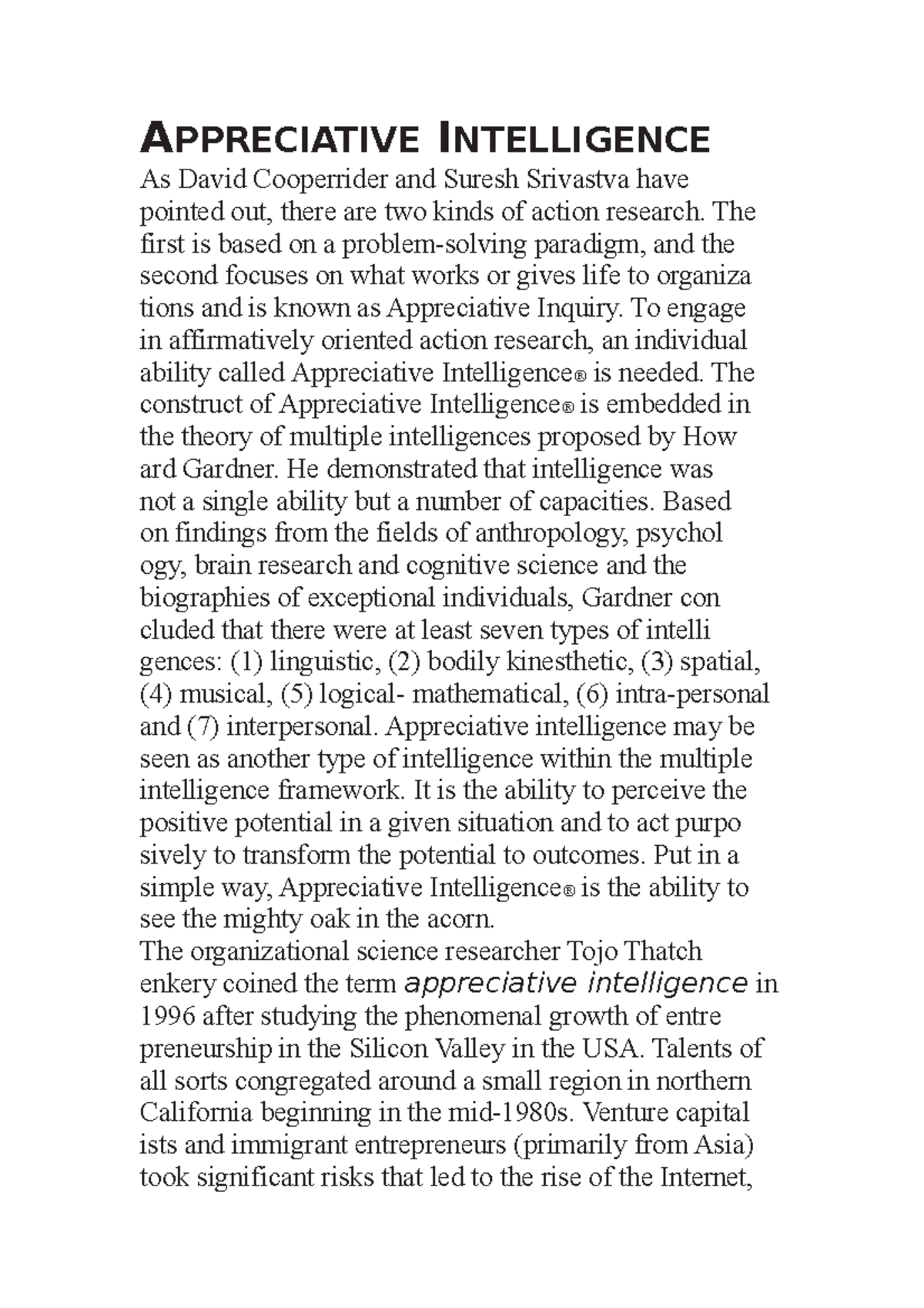 Appreciative Intelligence - APPRECIATIVE INTELLIGENCE As David ...