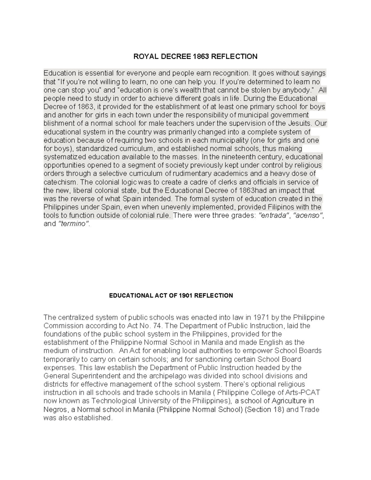 Royal Decree 1863 AND Educational ACT 1901 Reflection - ROYAL DECREE ...