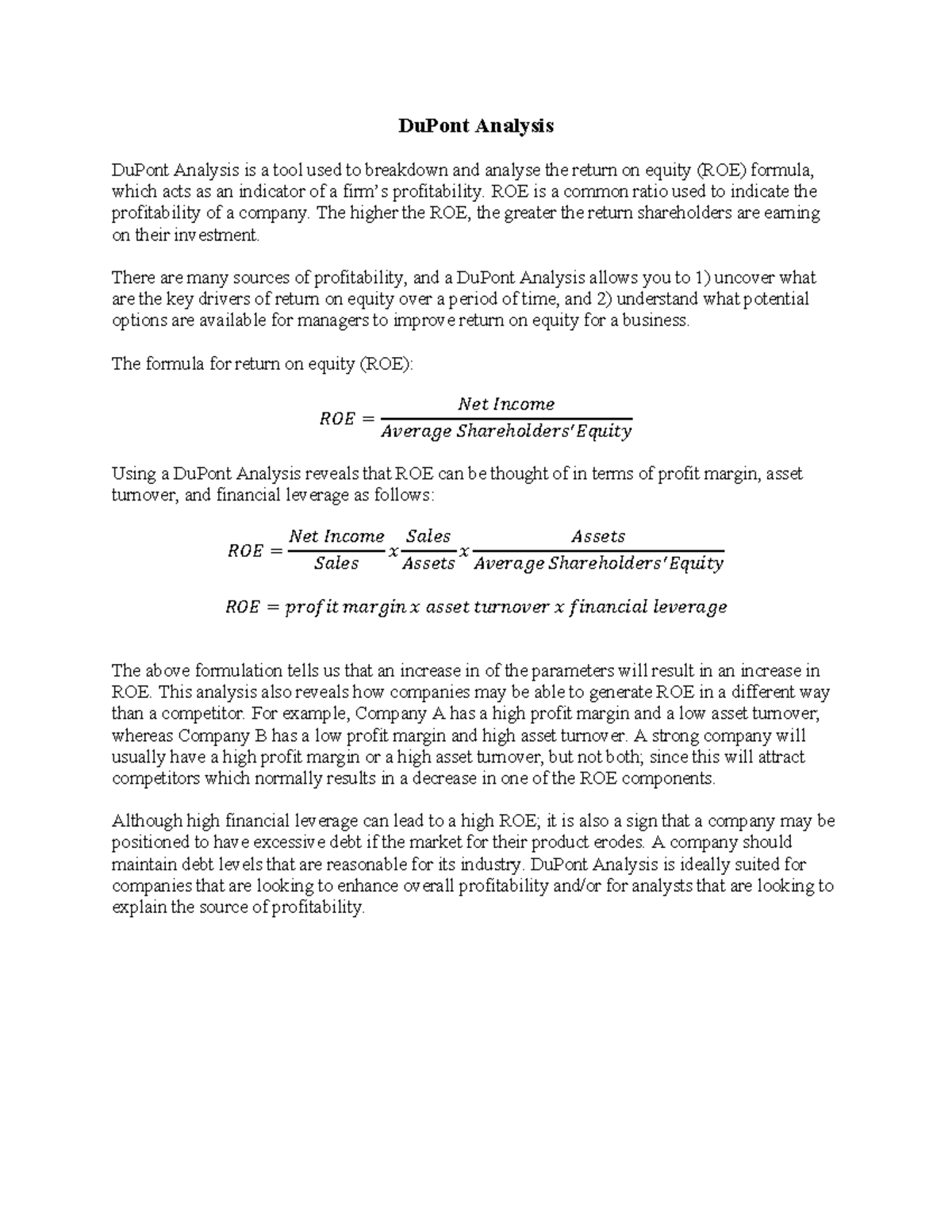 Du Pont Analysis - This document is a mandatory assignment for management. - DuPont Analysis ...