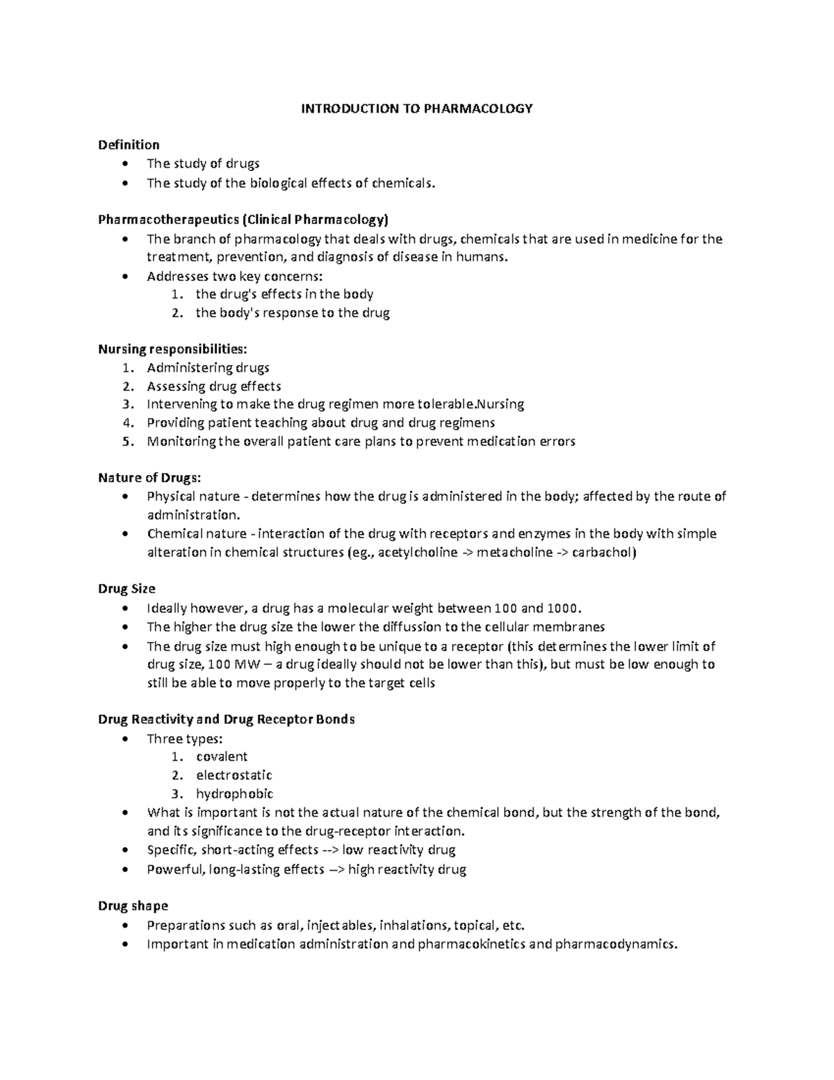 Pharmacology - Lecture notes 1 - INTRODUCTION TO PHARMACOLOGY ...