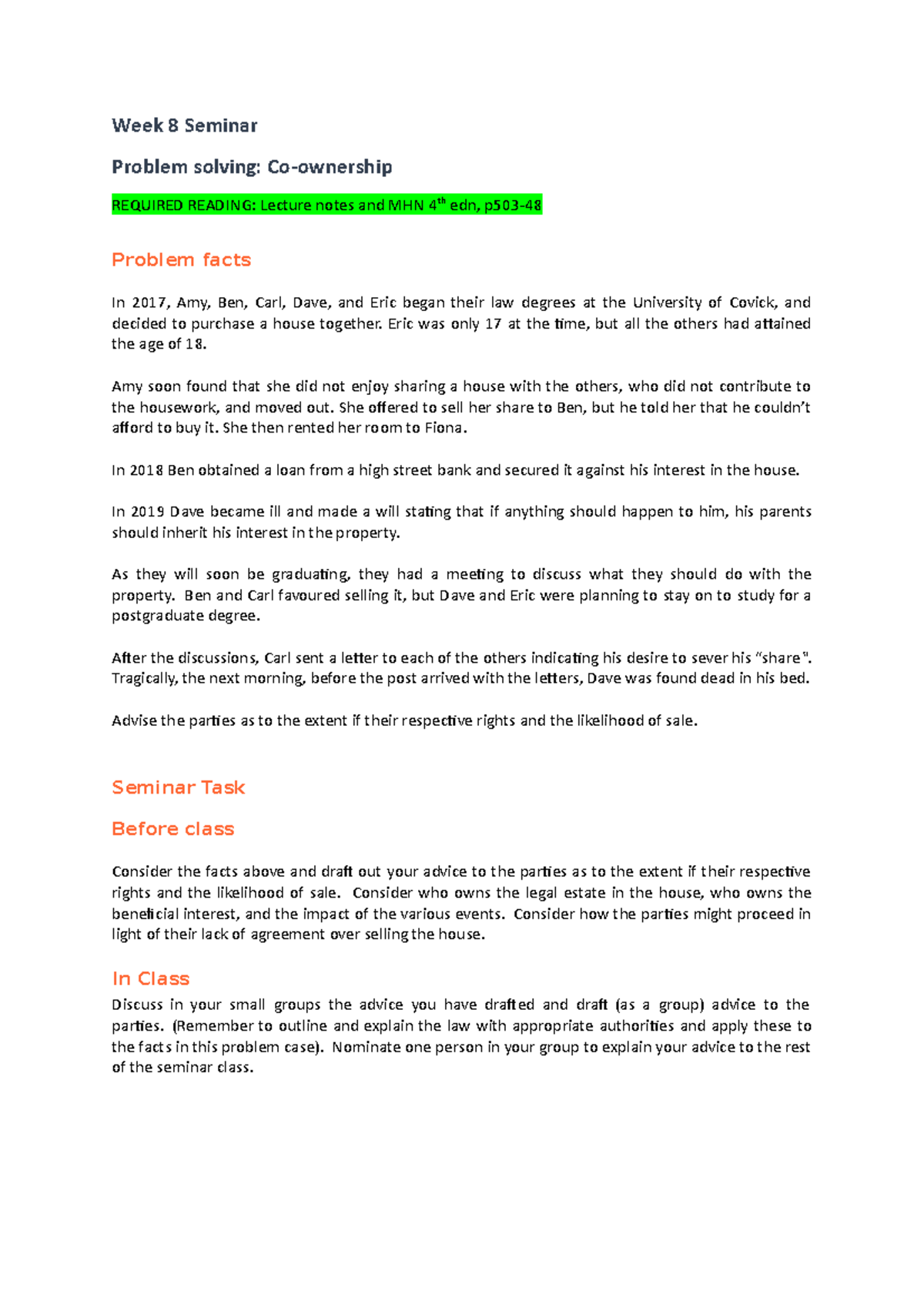 Express co-ownership Seminar (updated) - Week 8 Seminar Problem solving ...