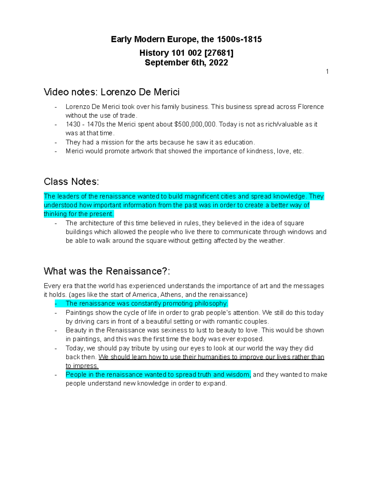 Early Modern Europe, the 1500s-1815 History 101 002 [27681 ] September ...