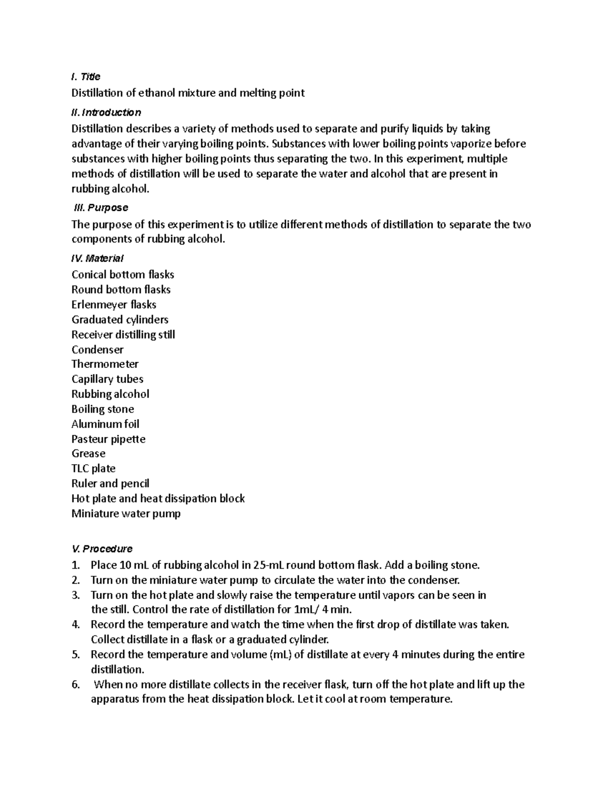 Distillation Lab report - I. Title Dis$lla$on of ethanol mixture and ...