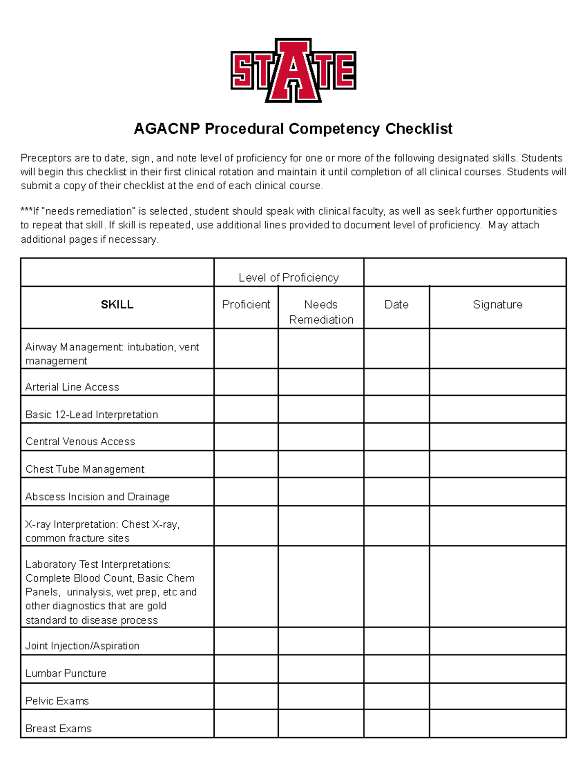 A-State Agacnp Procedural Competency Checklist - AGACNP Procedural ...