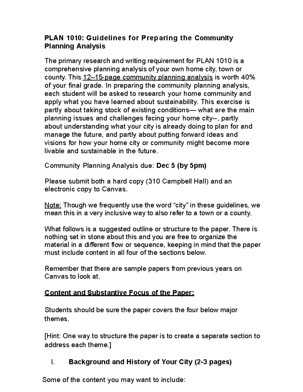 PLAN 1010 Community Planning Analysis Guidelines 2024 - PLAN 1010 : Guidelines for Preparing the ...