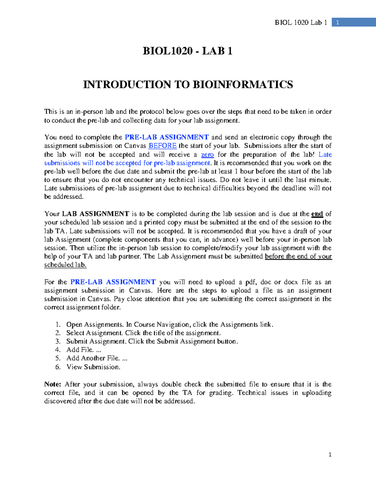 Lab 1- Bioinformatics Introduction and Protocol W2024 - BIOL1020 - LAB 1 INTRODUCTION TO - Studocu