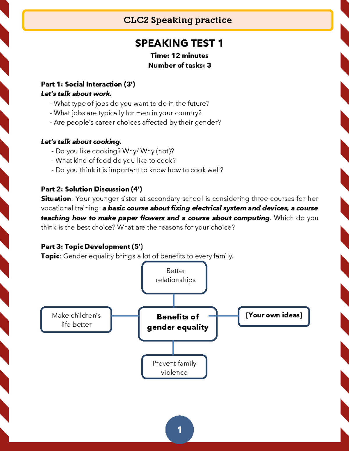 CLC2 Speaking test revision - SPEAKING TEST 1 Time: 12 minutes Number ...