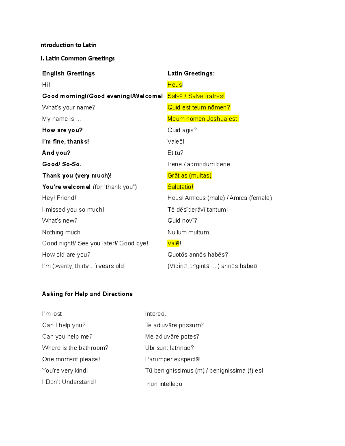 Latin Module 1 - ntroduc琀椀on to La琀椀n I. La琀椀n Common Gree琀椀ngs English ...