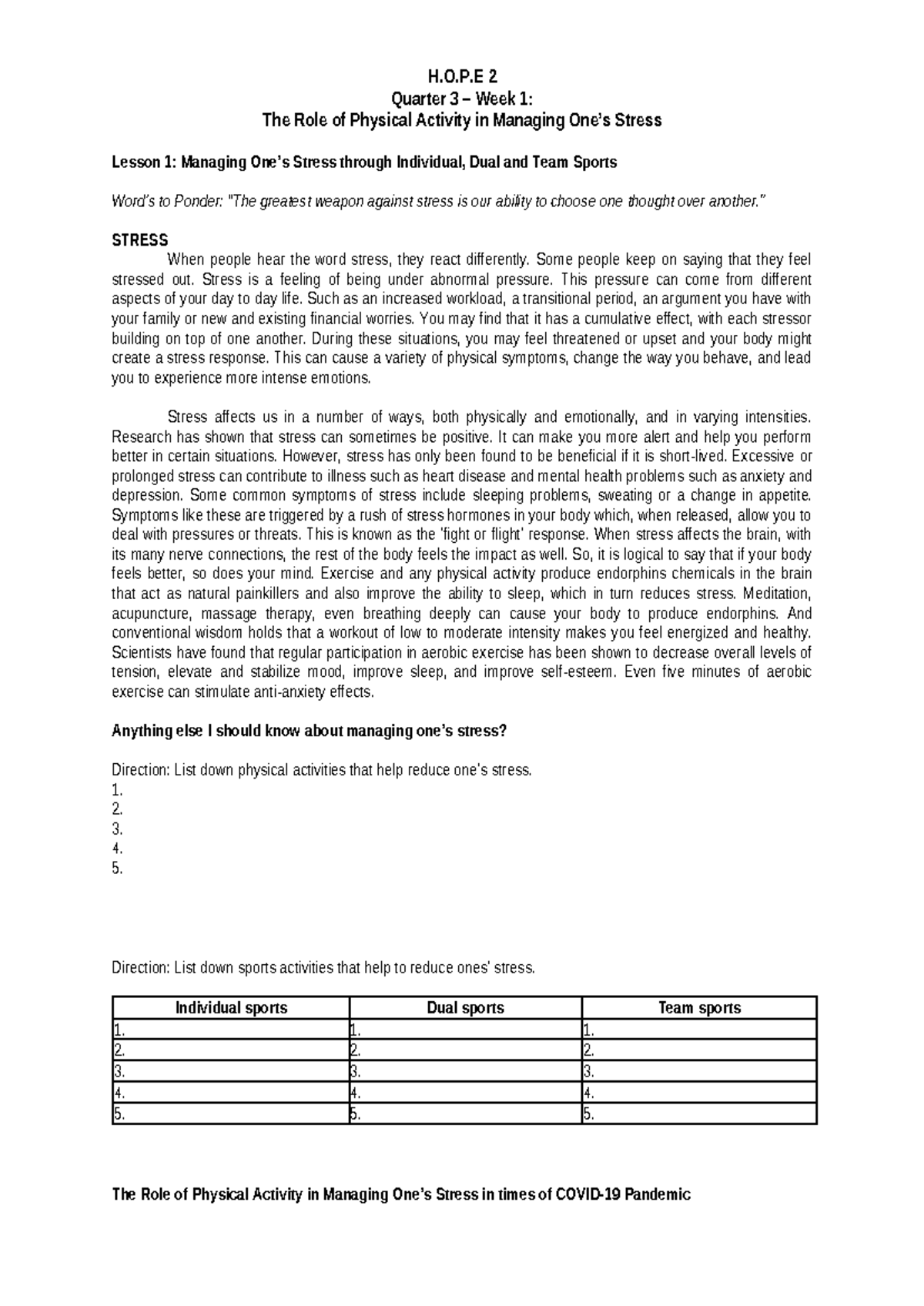 Hope 2 Week 1 and 2 - H.O.P 2 Quarter 3 – Week 1: The Role of Physical ...