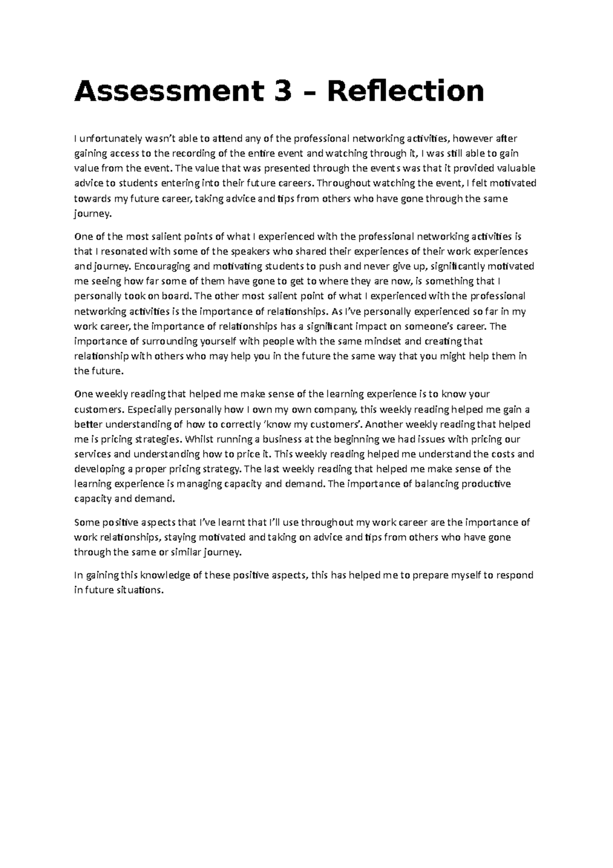 Assessment 3 - Reflection - Assessment 3 – Reflection I unfortunately ...