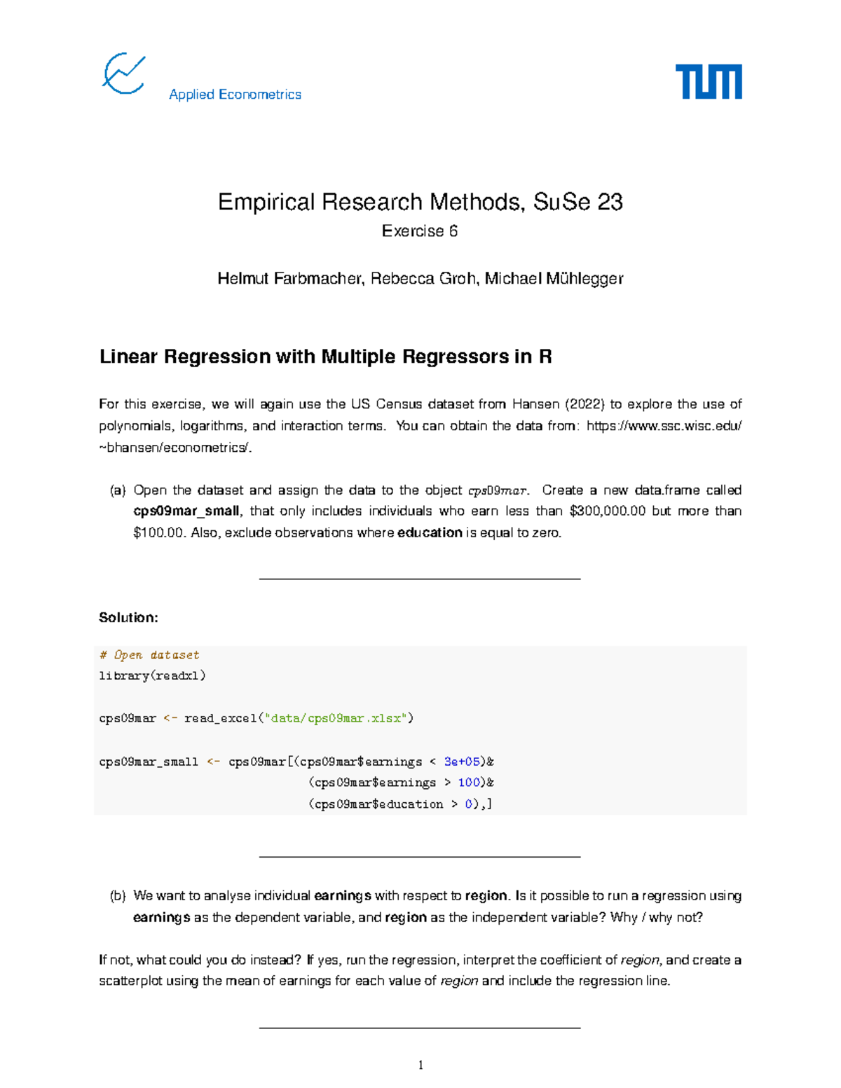 Exercise 6 solution - Wintersemester - Applied Econometrics Empirical ...