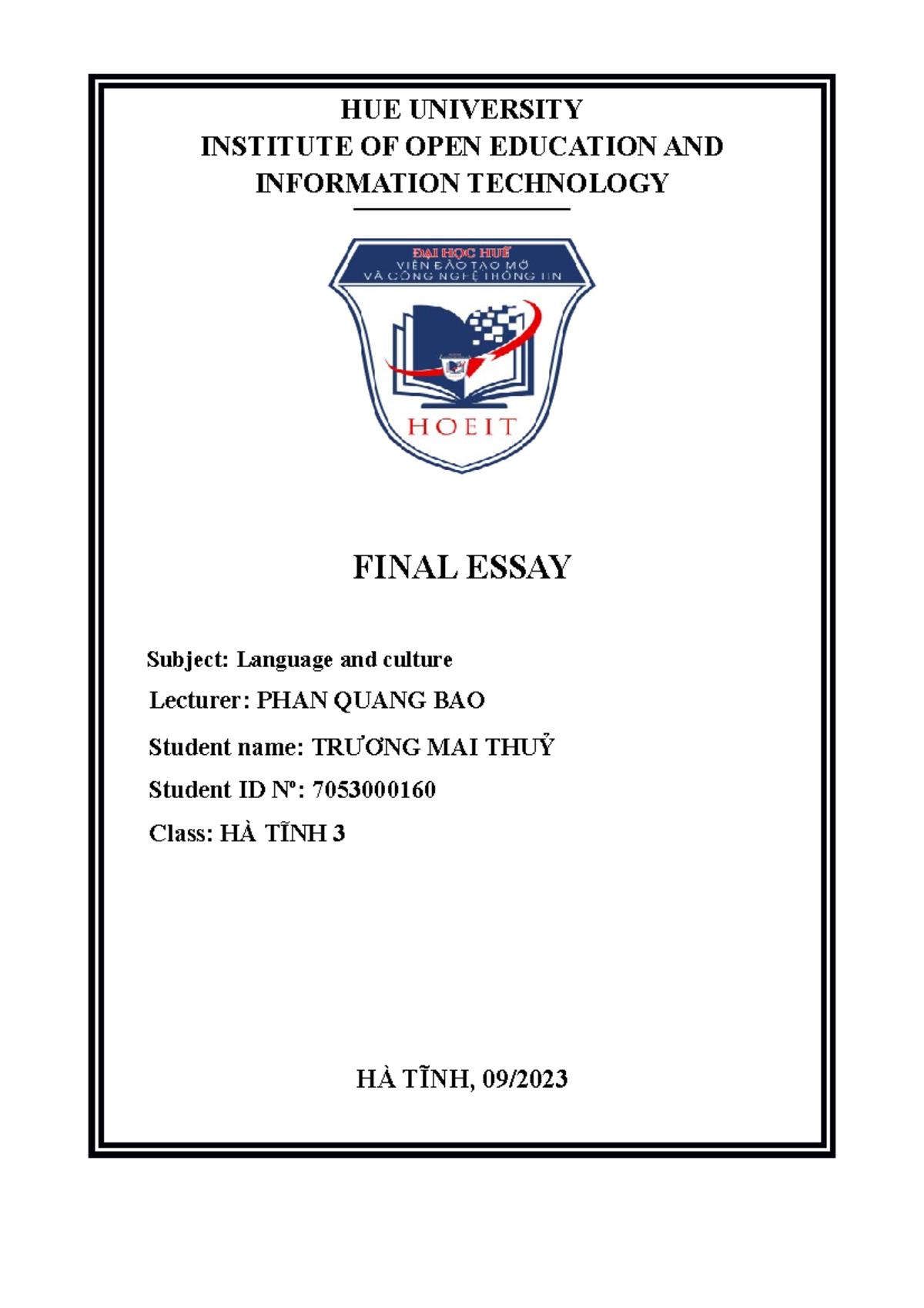 Tiểu luận - nthing - HUE UNIVERSITY INSTITUTE OF OPEN EDUCATION AND ...