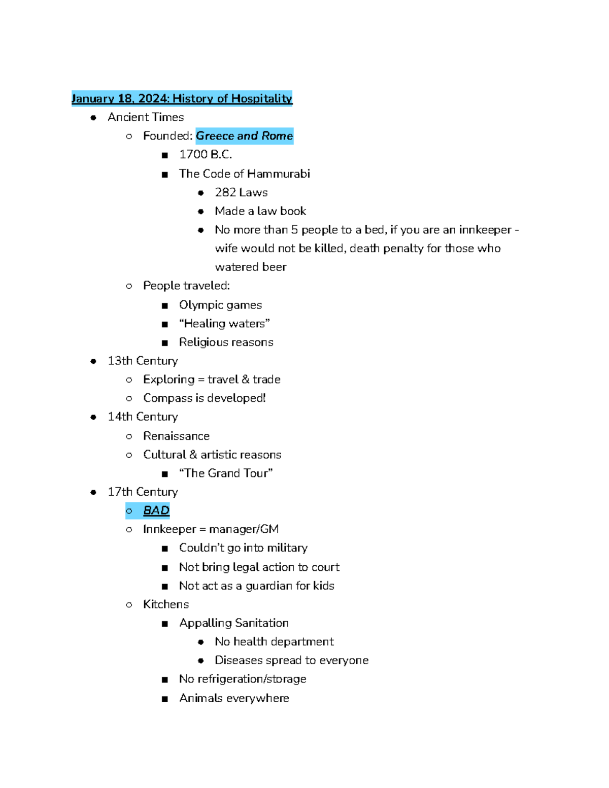 Hospitality Notes for Test 1 - January 18, 2024: History of Hospitality ...