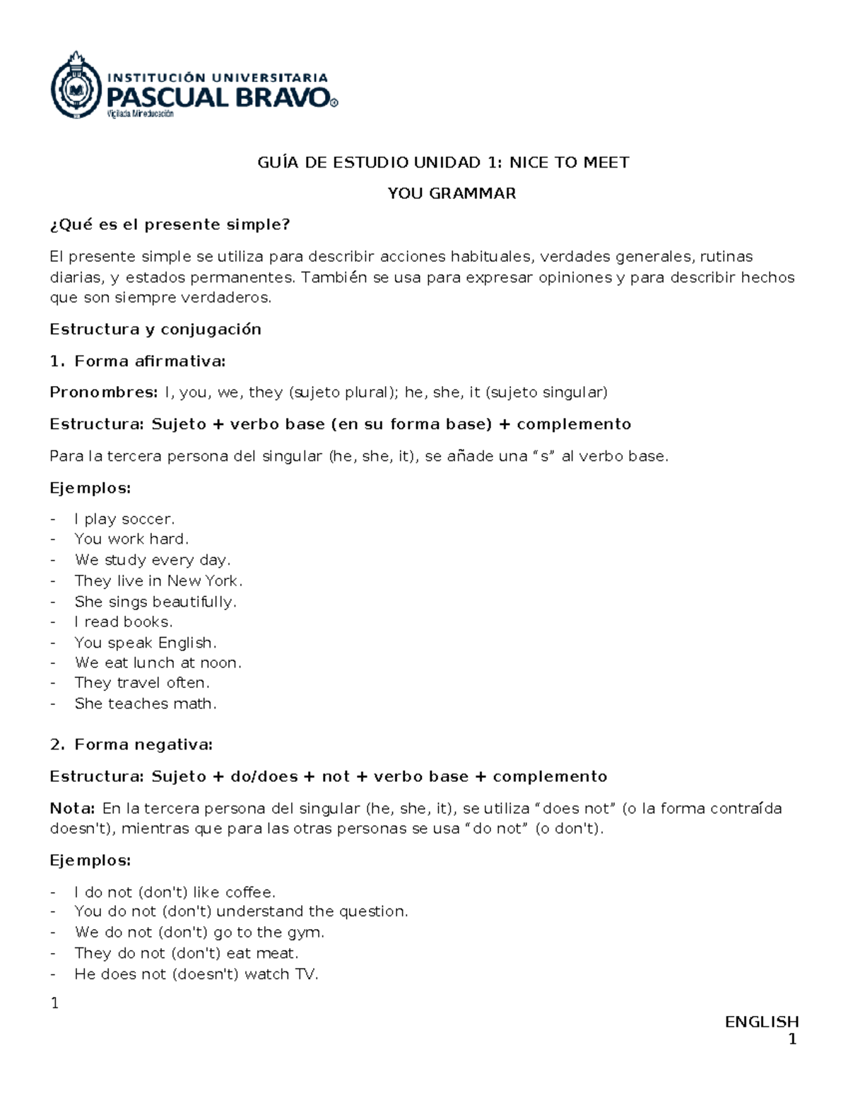 Guía de estudio unidad 1 - 1 ENGLISH 1 GUÍA DE ESTUDIO UNIDAD 1: NICE ...