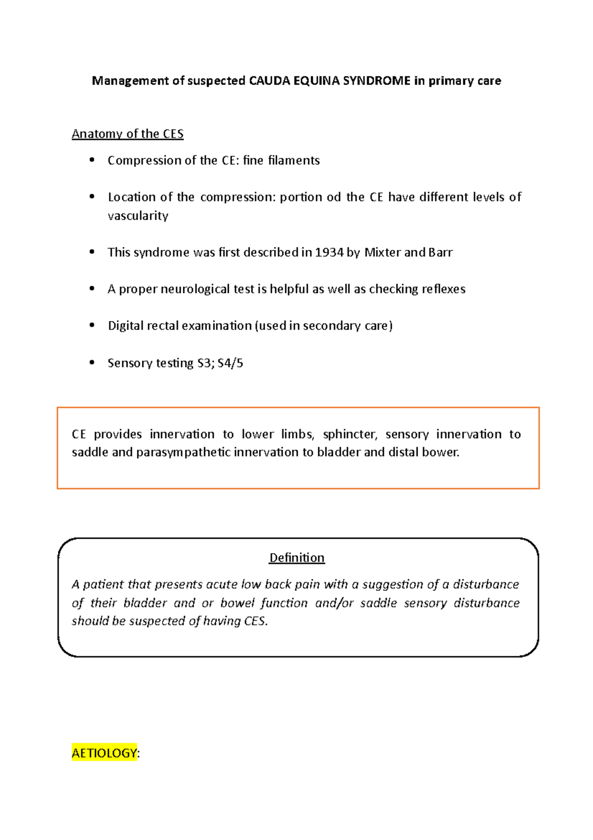 Management of suspected Cauda Equina Syndrome in primary care ...