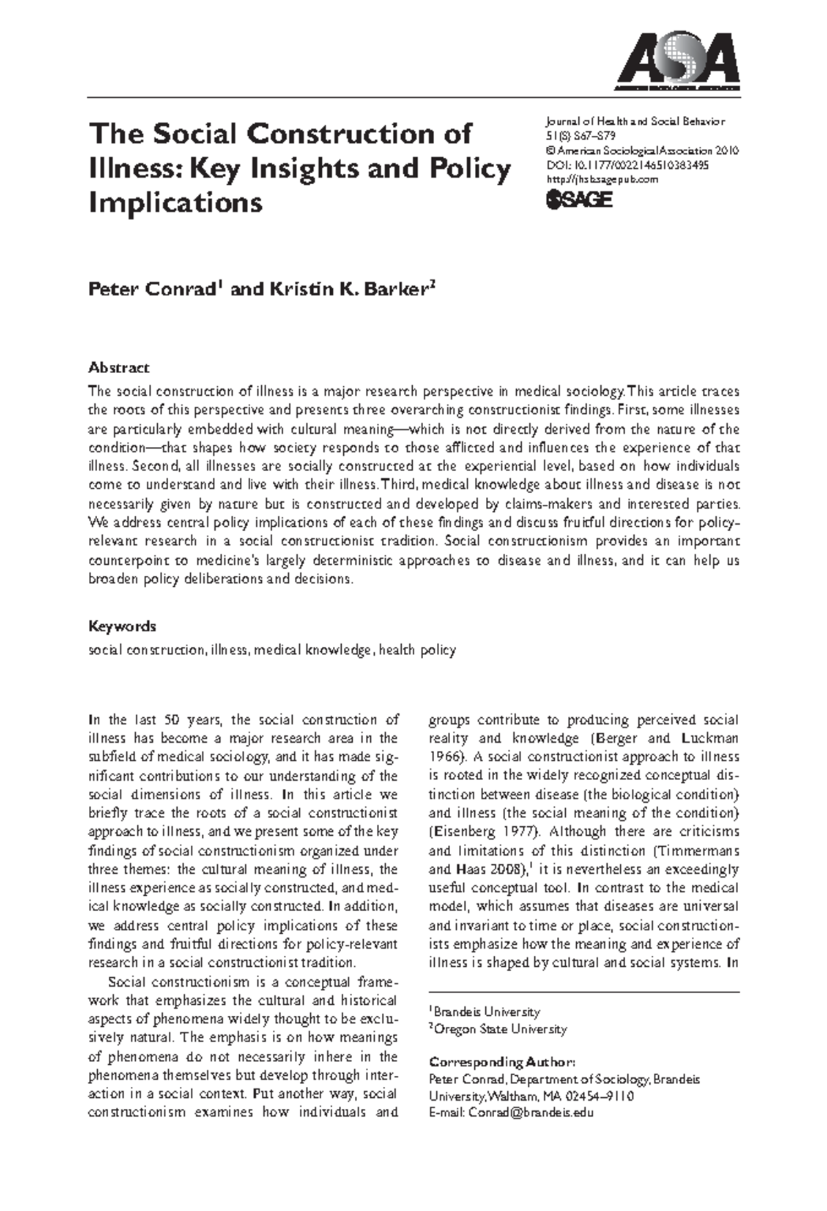 4the social construct of illness - Journal of Health and Social ...