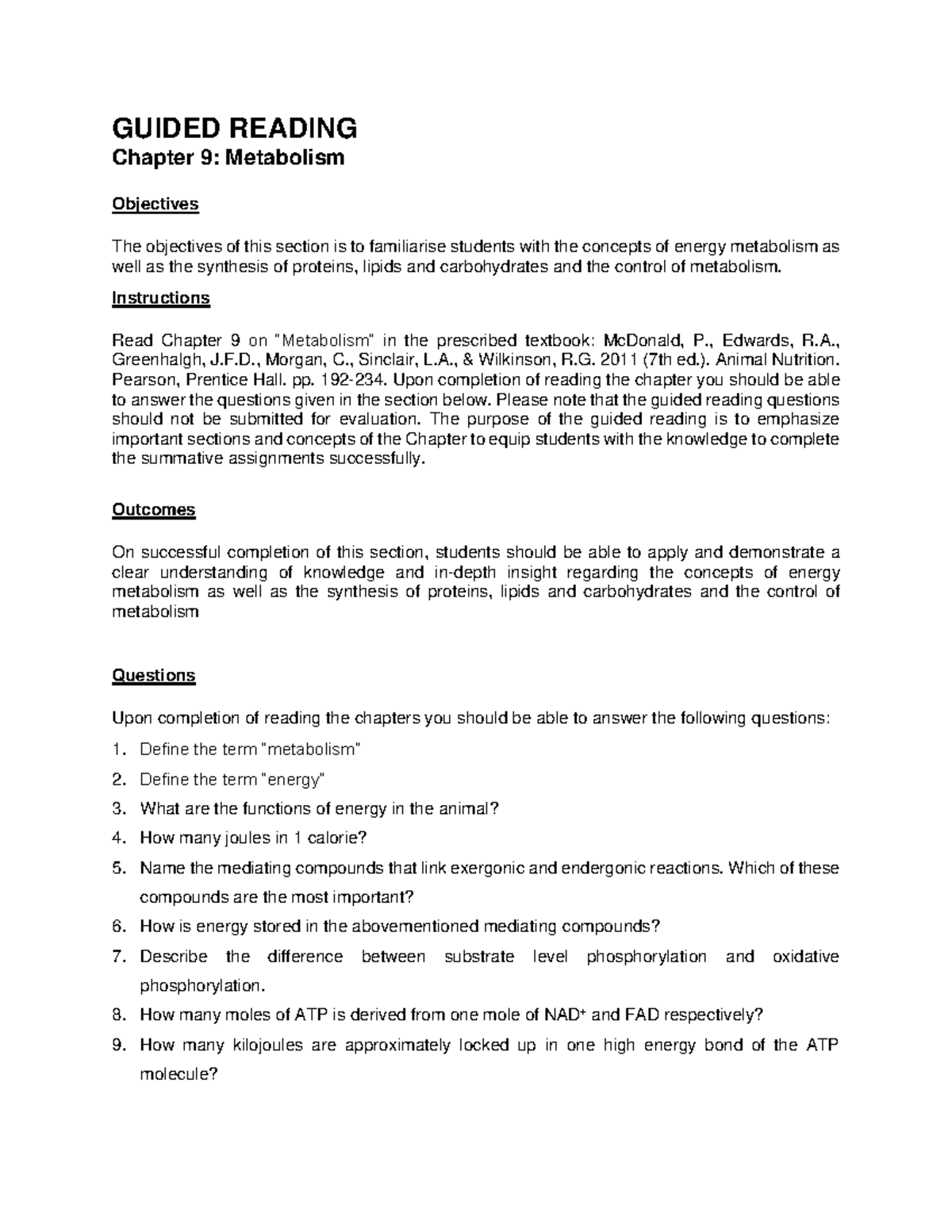 Guided reading Chapter 9 - GUIDED READING Chapter 9: Metabolism ...