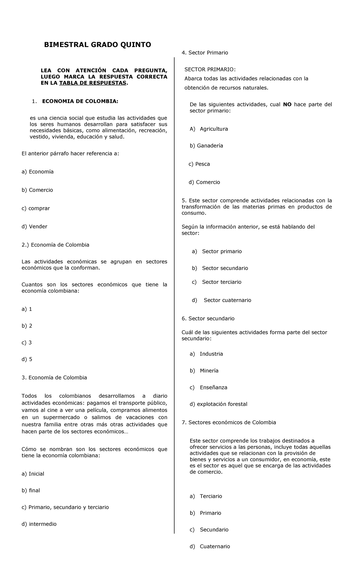 Bimestral Grado Quinto - BIMESTRAL GRADO QUINTO LEA CON ATENCIÓN CADA ...