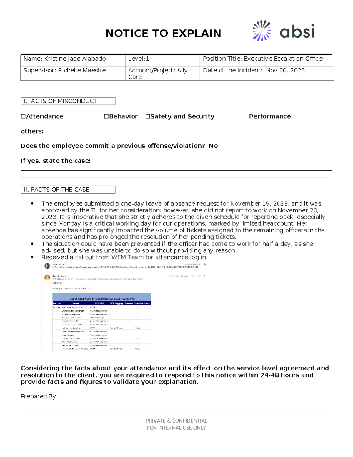 NTE Attendance Issue Kristine Jade Alabado - NOTICE TO EXPLAIN Name ...