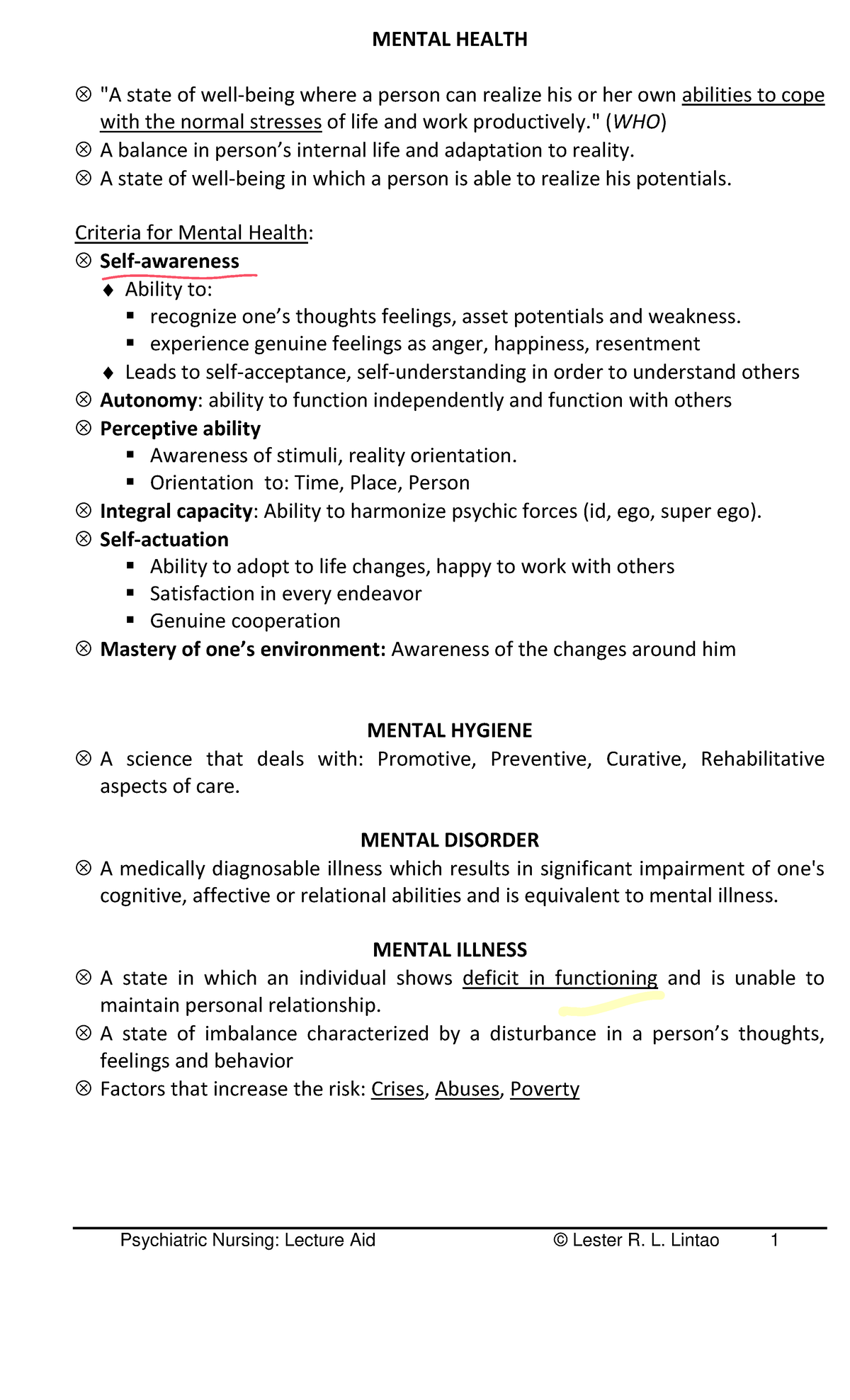 Psychiatric-Nursing - Prelims to finals notes - MENTAL HEALTH ⊗ "A ...