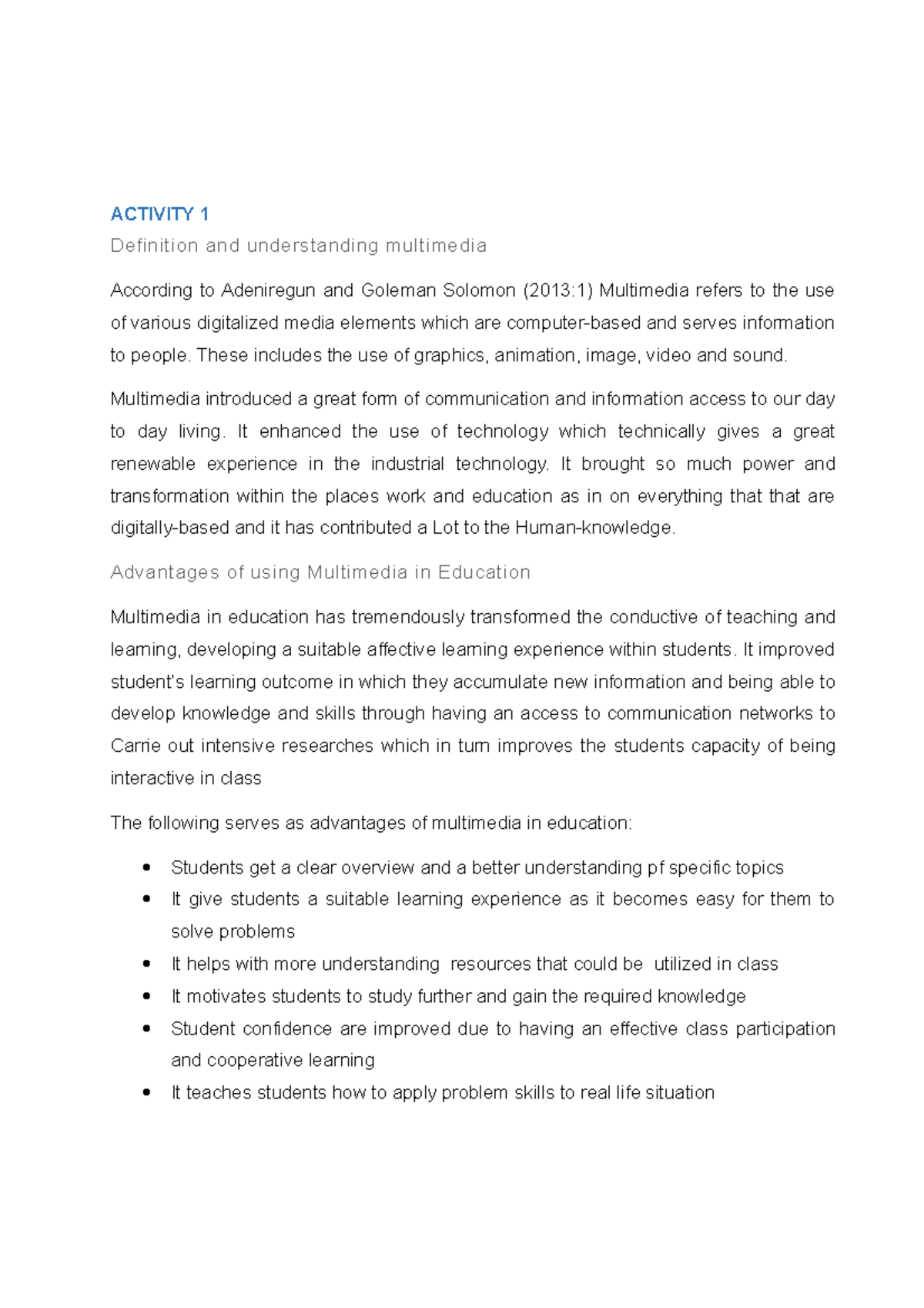 UNIT 1 - the use of media - ACTIVITY 1 Definition and understanding ...