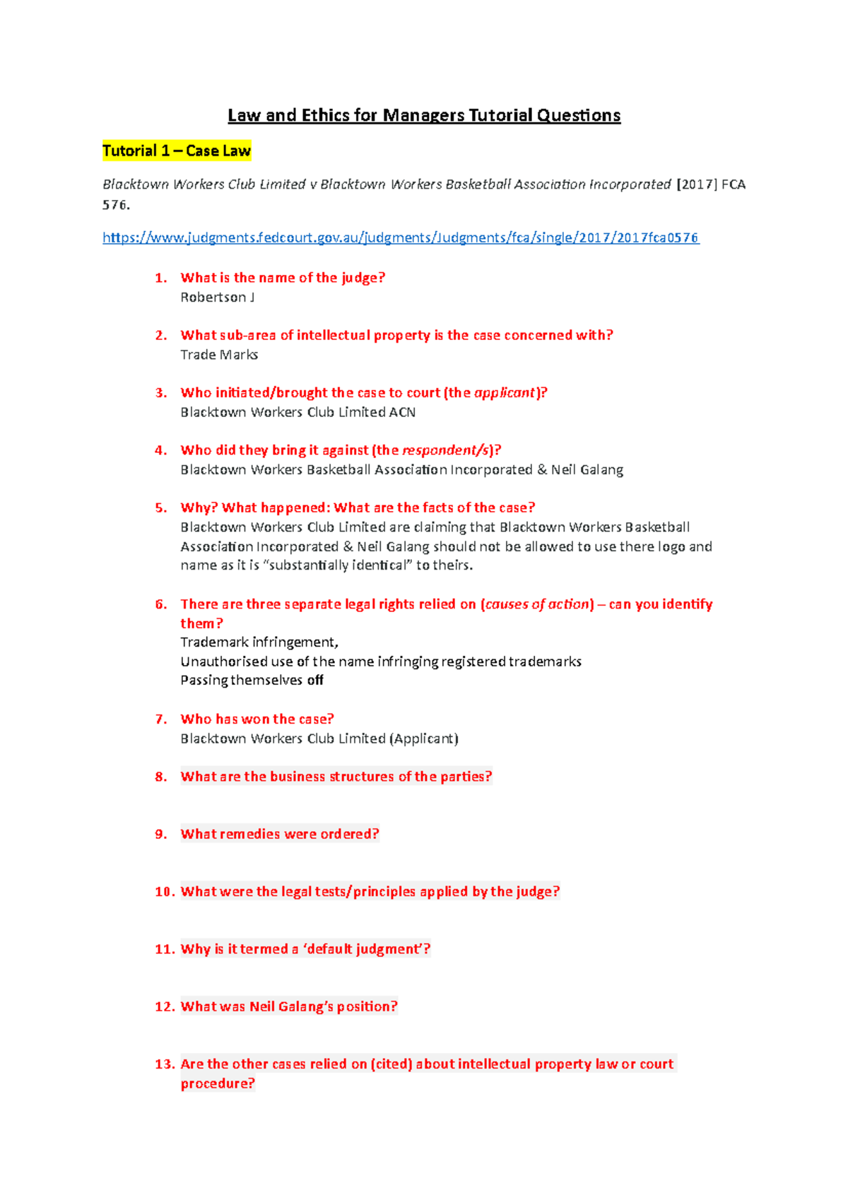 Law and Ethics Tutorial Questions - Law and Ethics for Managers ...