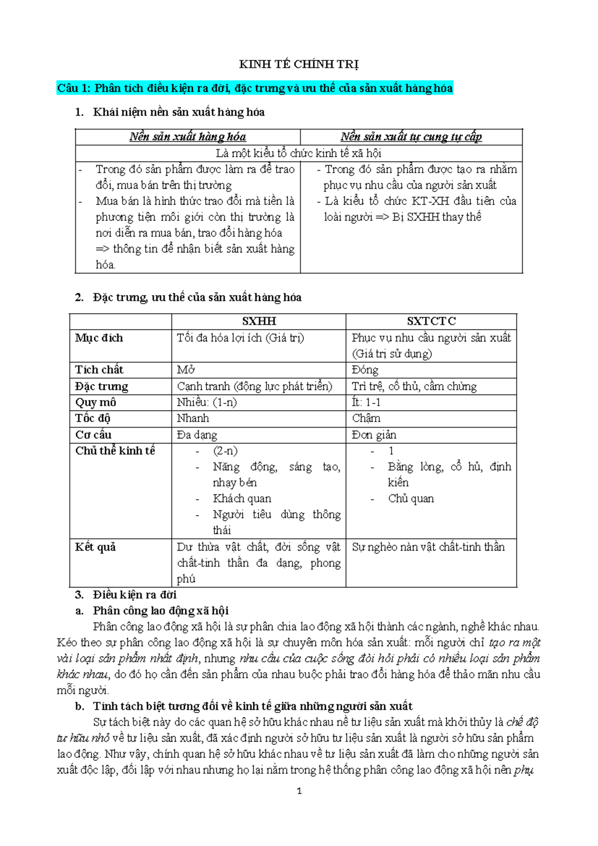 TRI115 Đề cương KTCT cô Quỳnh Hà - KINH TẾ CHÍNH TRỊ Câu 1: Phân tích điều kiện ra đời, đặc ...