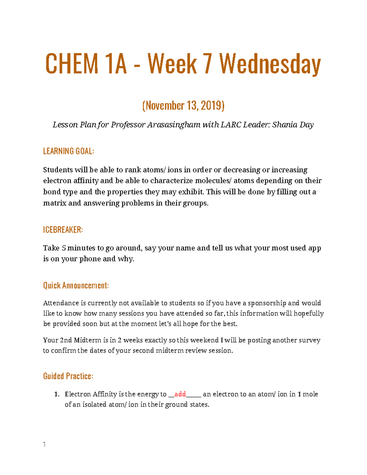Lesson plan 7 Wednesday KEY - CHEM 1A - Week 7 Wednesday (November 13 ...